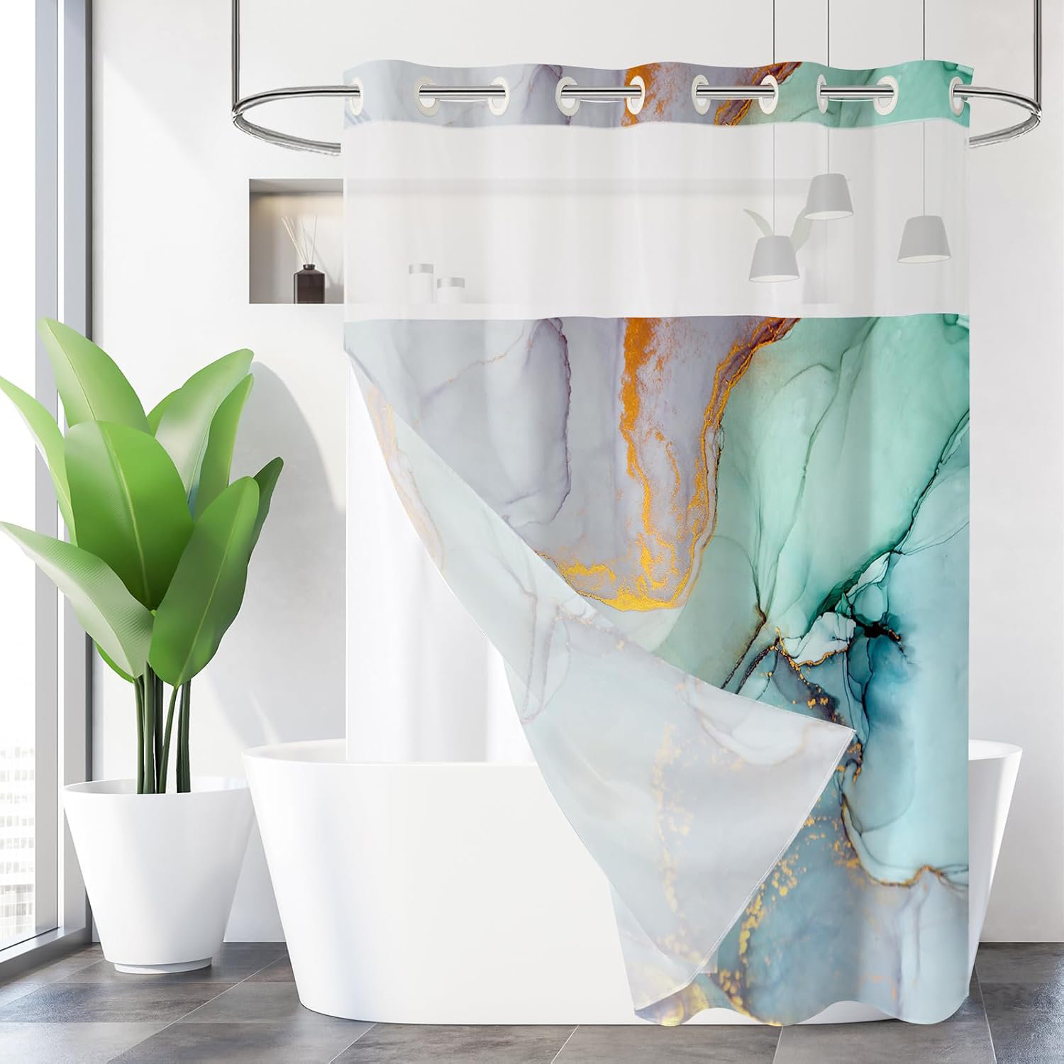 Everly Quinn No Hook Marble Shower Curtain With Snap-In Fabric Liner ...