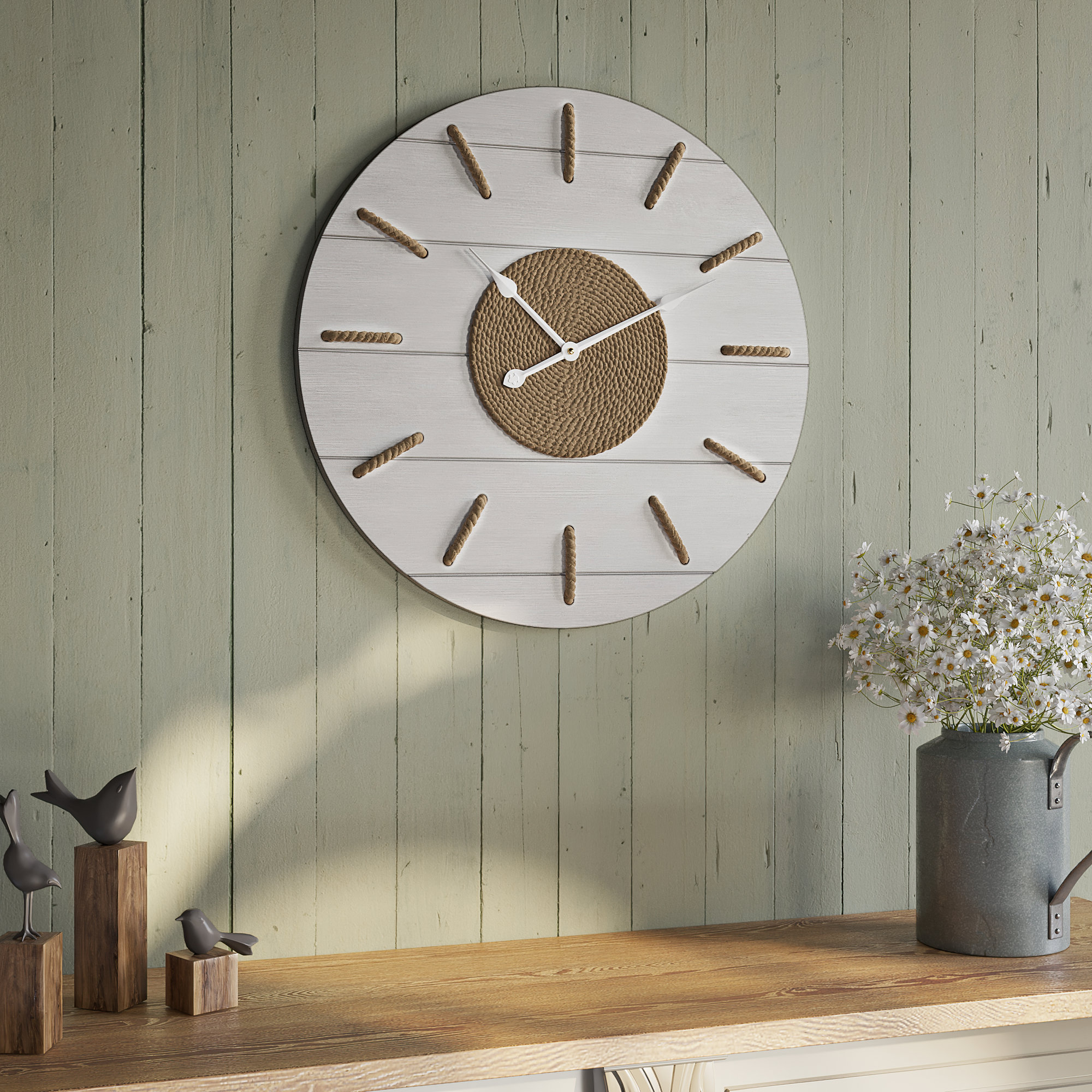 Breakwater Bay Camila Jute Rope Shiplap Wood Round Wall Clock & Reviews ...