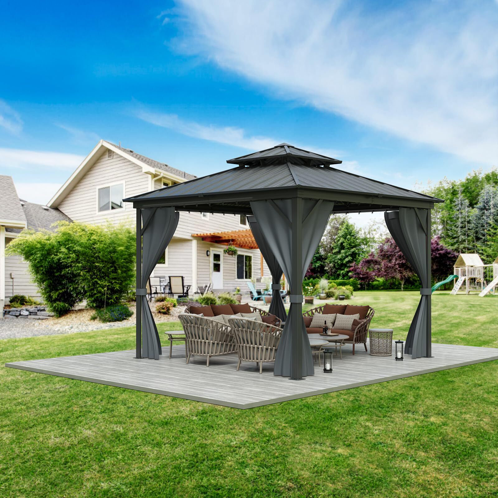 babevy 12 * 12 Hard Top Gazebo, Galvanized Steel Double Roof Canopy ...
