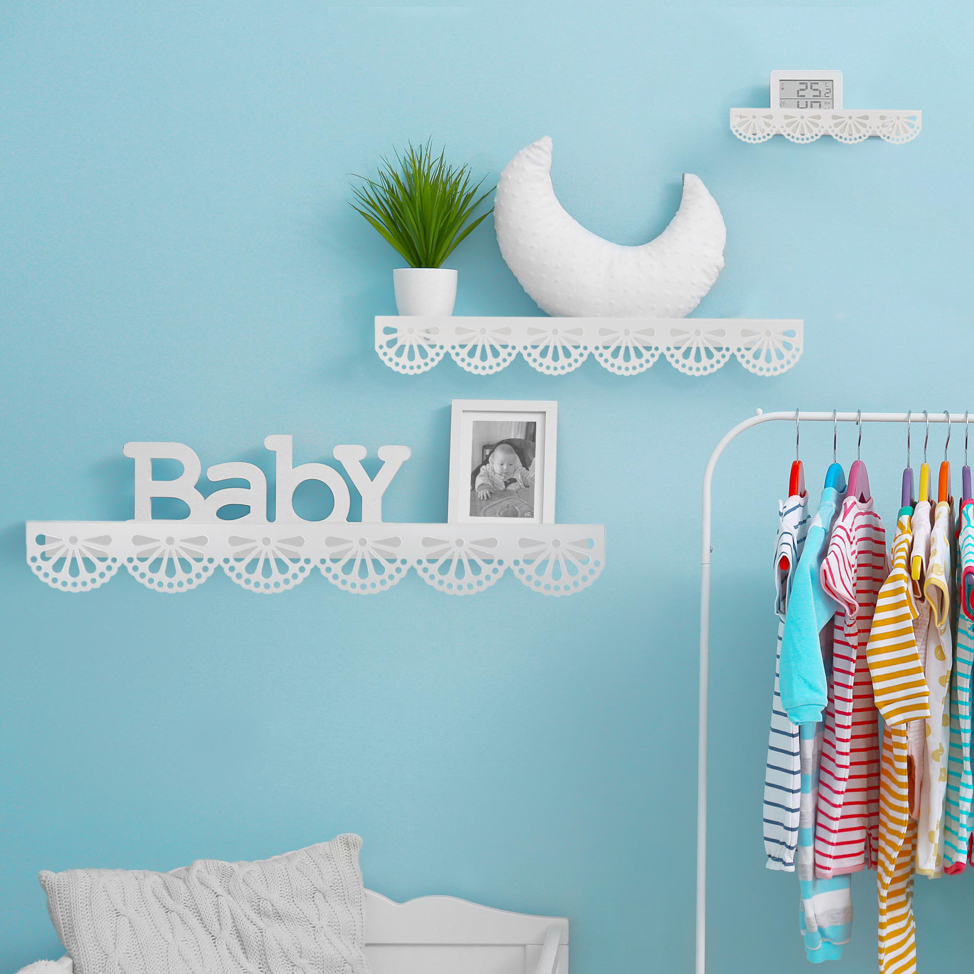 Lark Manor™ Scallop Metal Floating Shelves, 3pc Picture Ledge Set | Wayfair