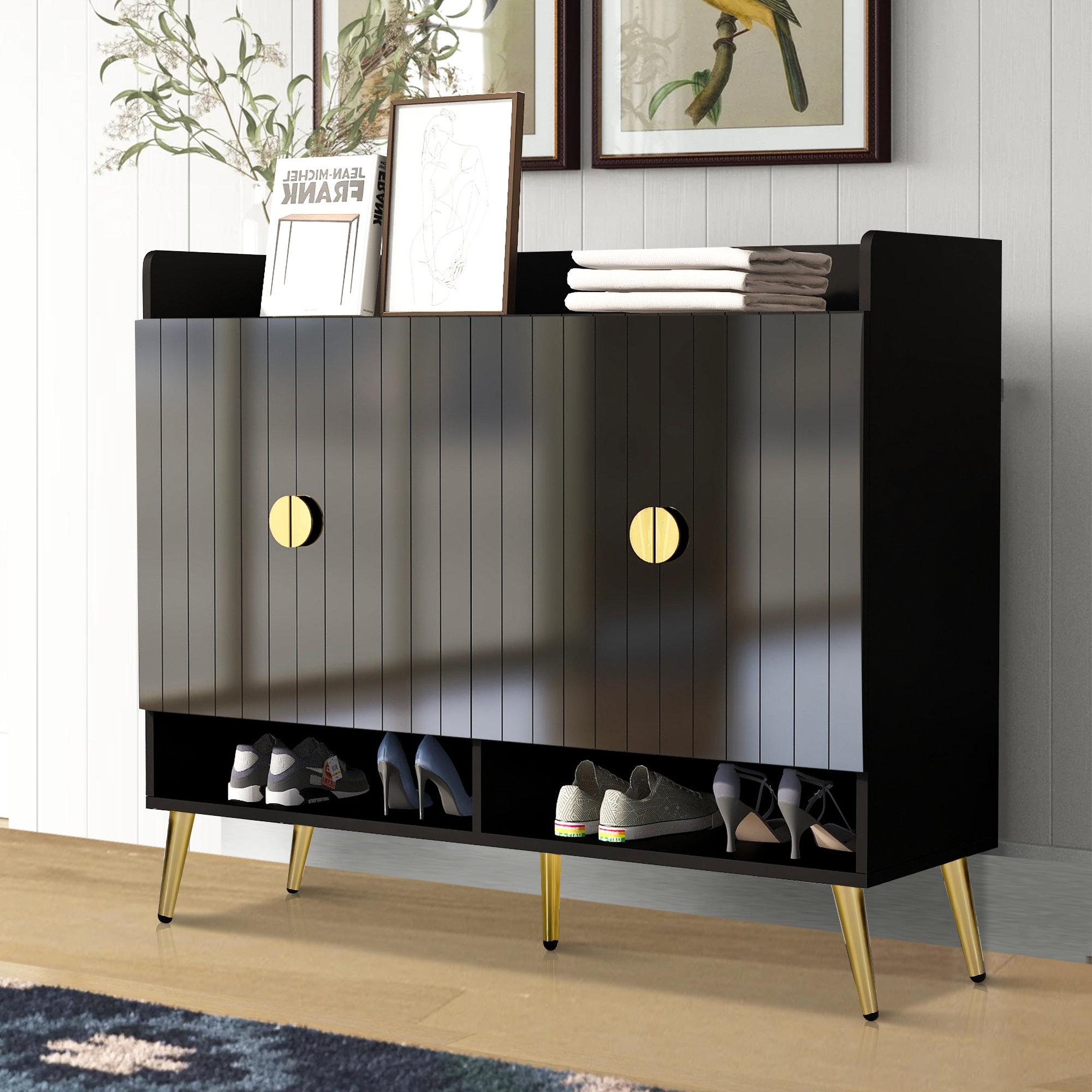 Everly Quinn 30 Pair Shoe Cabinet with Doors and Adjustable Shelves ...