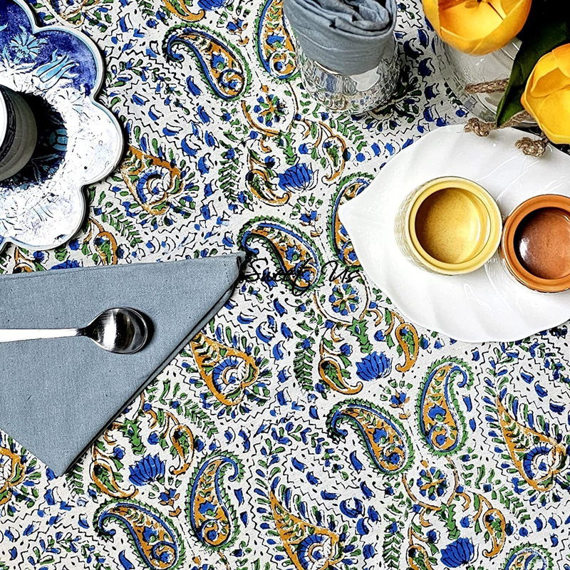 August Grove® Griffey Floral 100% Cotton Block Print Round Tablecloth ...