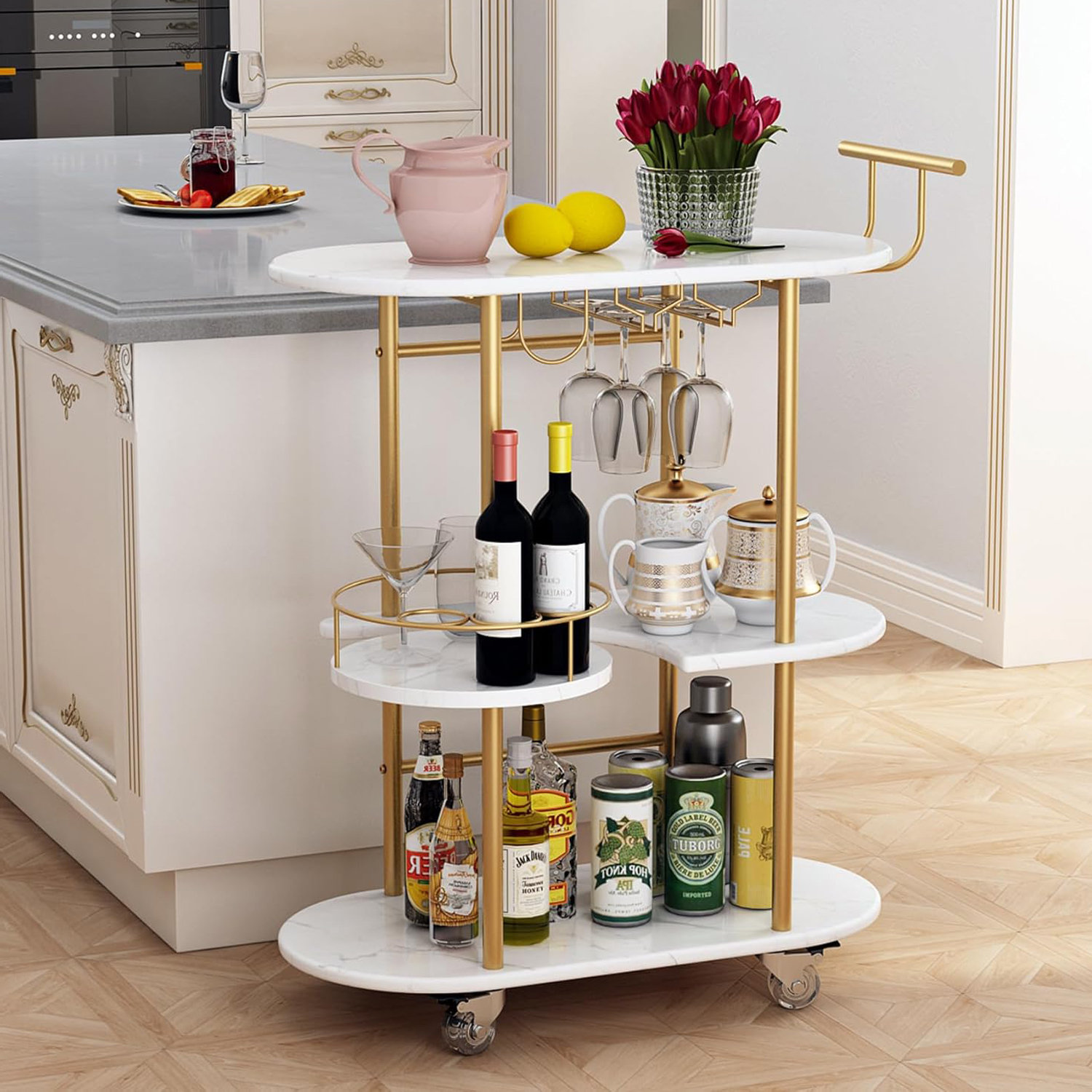 Everly Quinn 3 Tier Gold Bar Carts for Home Bar Serving Cart with ...