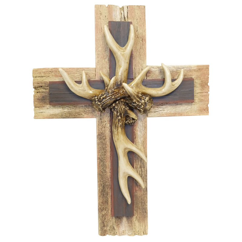Trinx Polyresin Faux Stacked Wood Crosses and Deer Antler Decorative ...