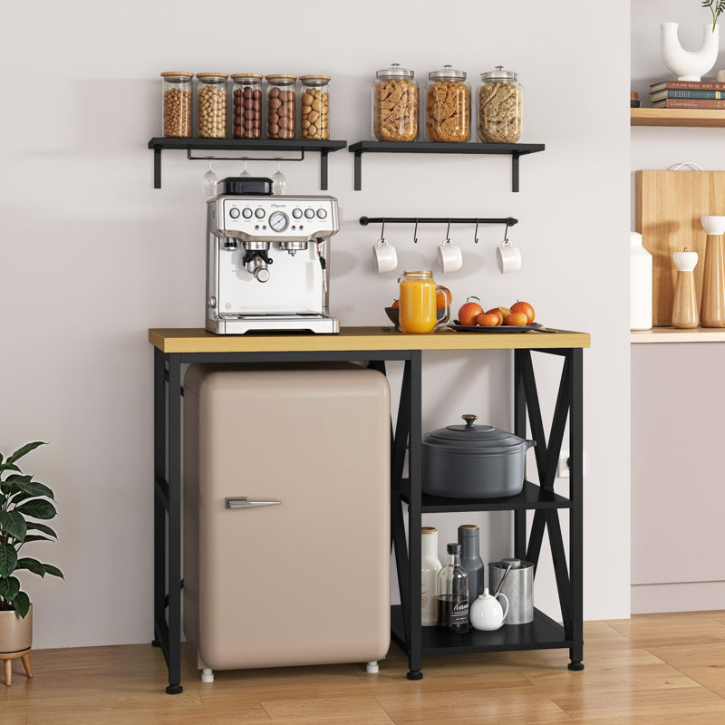 17 Stories 41.7"W Baker's Rack With Wall Mounted Glass Shelf, Mini ...