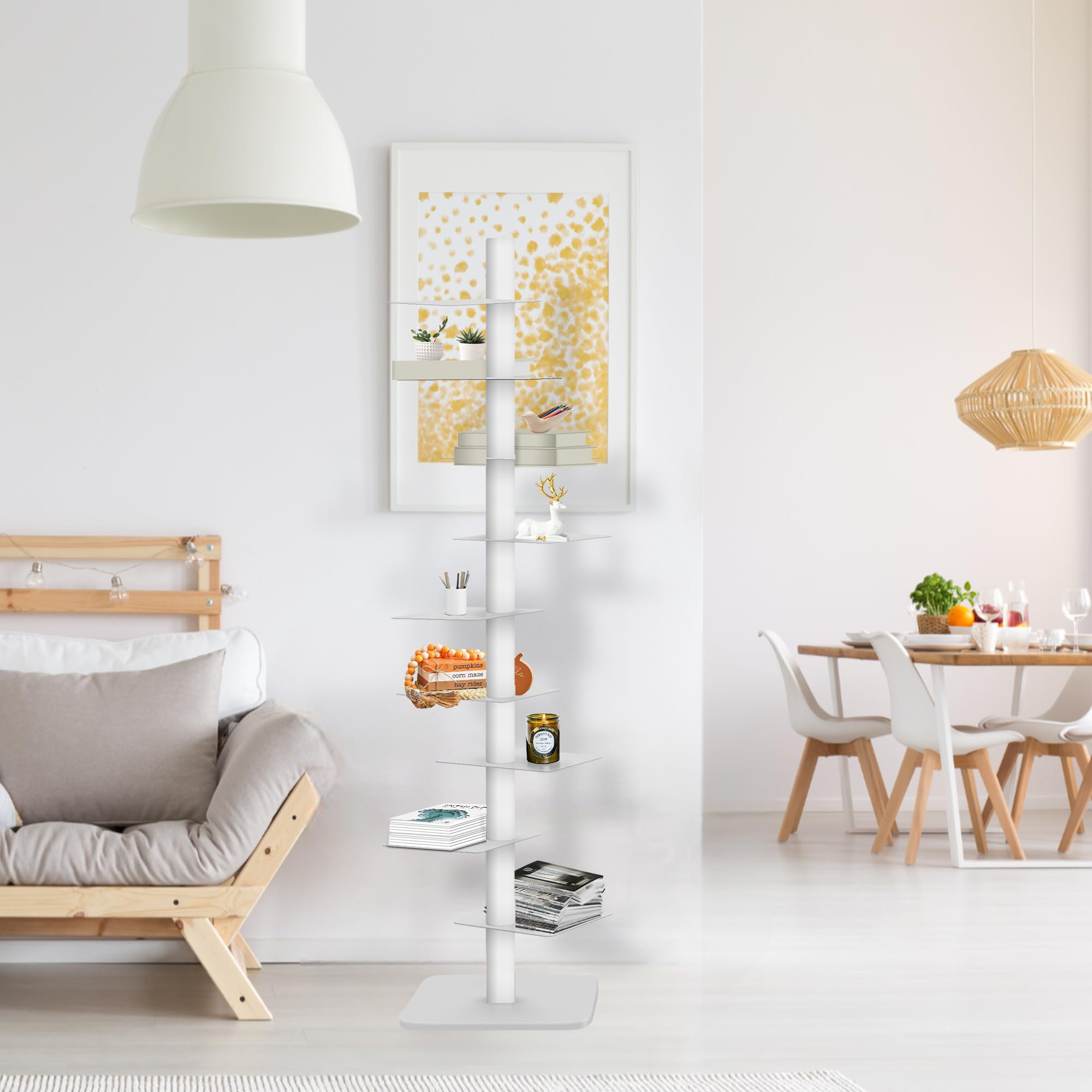 Ebern Designs White 9 Tier Metal Vertical Bookshelf Tower, Freestanding ...