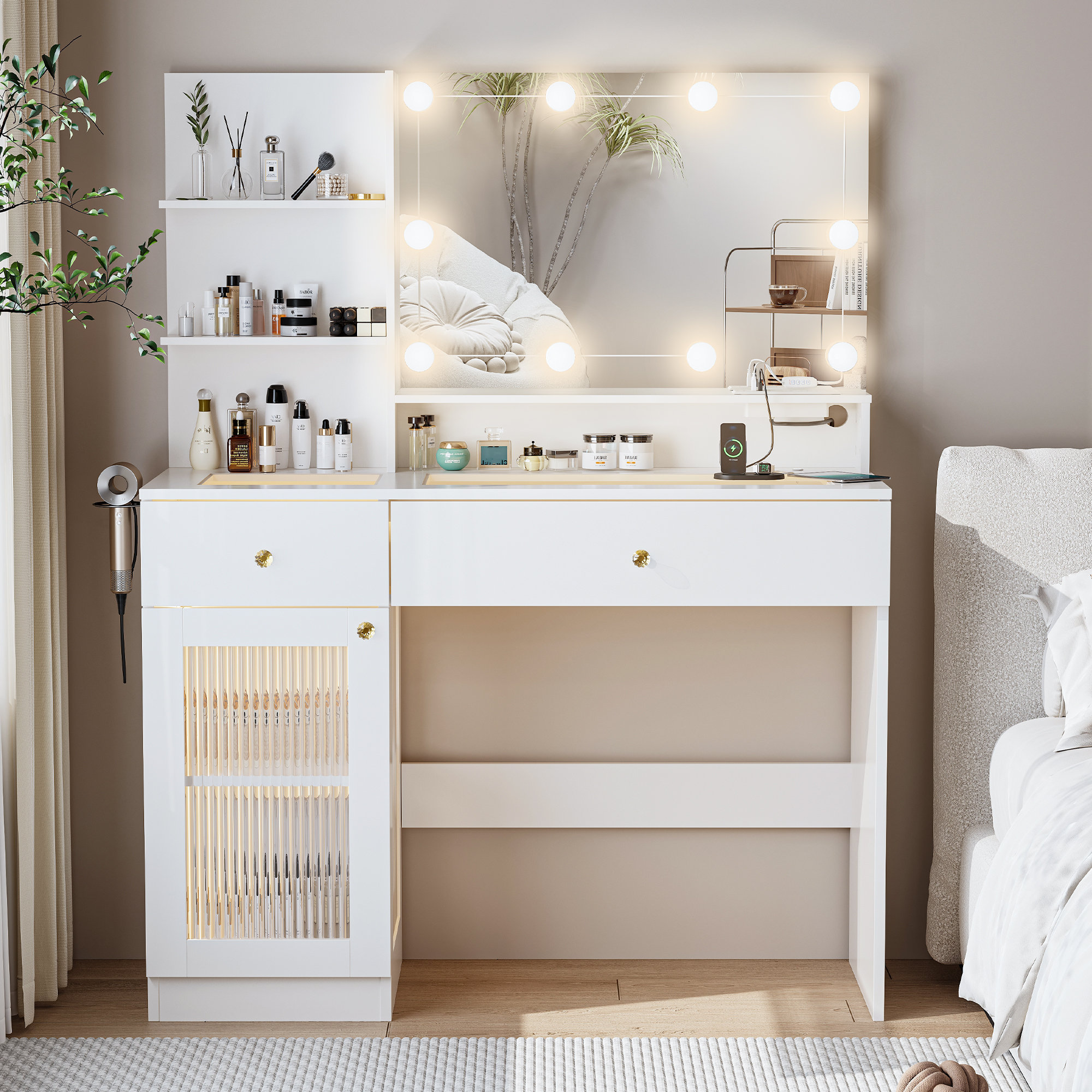 Ebern Designs 40" Modern Makeup Vanity Desk with LED Mirror, Glass Top ...