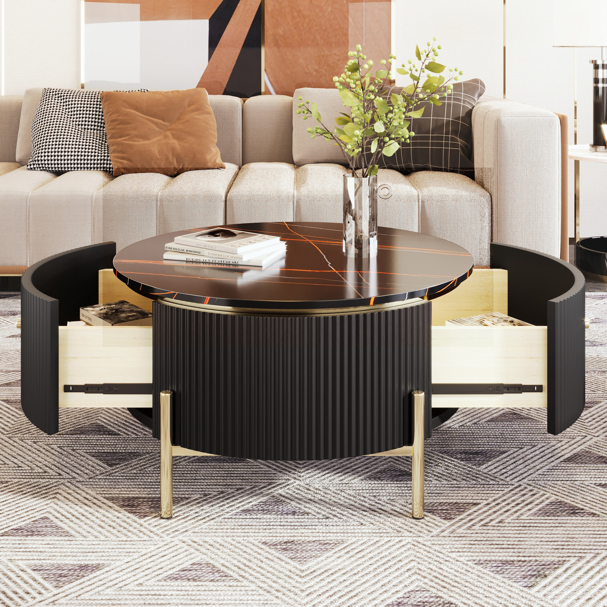 Everly Quinn Lefancy Modern Round Coffee Table with 2 large Drawers ...