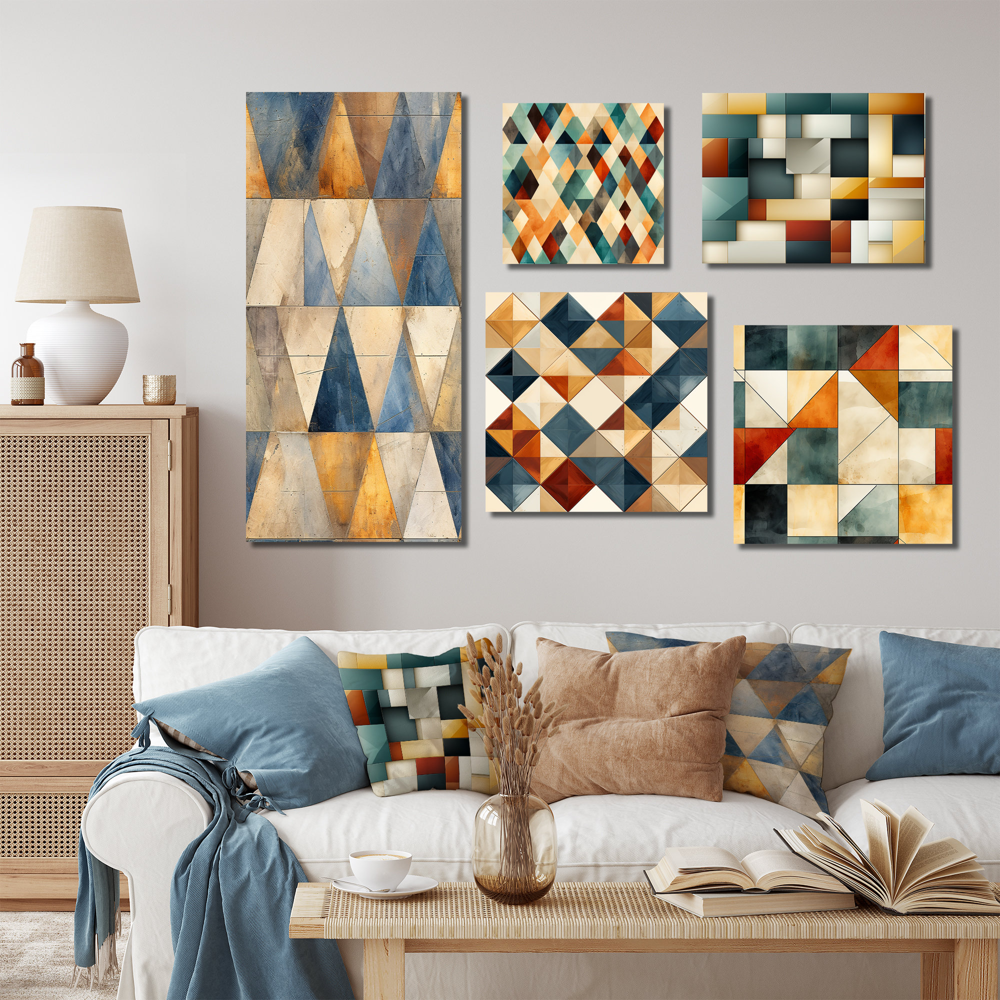 Design Art Beige And Blue Triangles Mosaic - Geometric Canvas Wall Art ...
