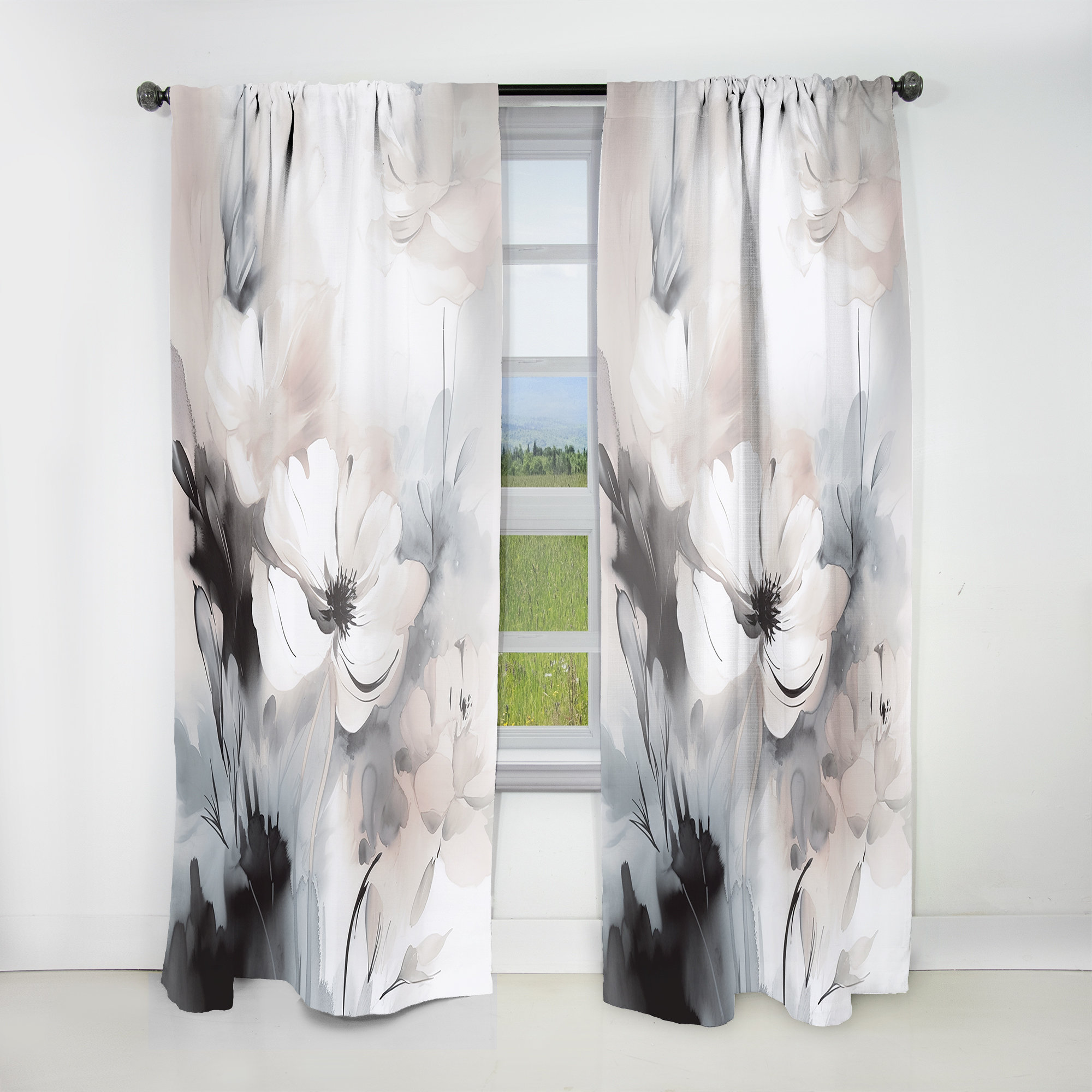 Design Art Delicate Grey Flowers V - Traditional Velvet Curtain - Room ...