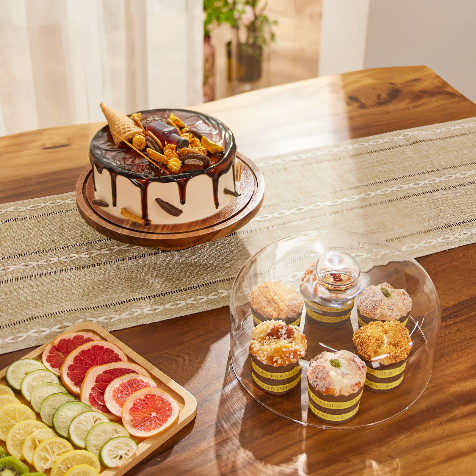 The Party Aisle™ Glass Cake Stand With Lid,11In Wooden Rotating Cake ...