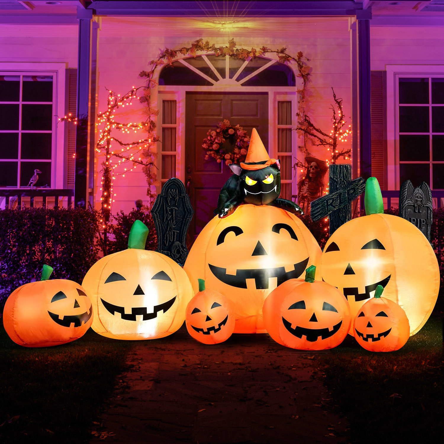 The Holiday Aisle® 7 FT Long Halloween Inflatables Pumpkin Outdoor ...