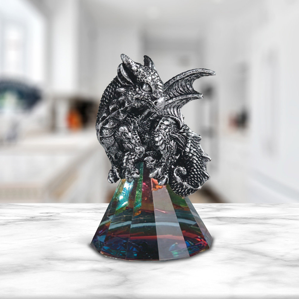 Trinx 3.5"H Silver Dragon Sitting on Pyramid Glass Figurine | Wayfair