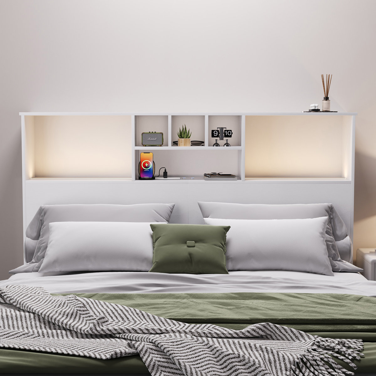 Ivy Bronx Modern Wooden Bookcase Headboard with Adjustable LED Lights ...