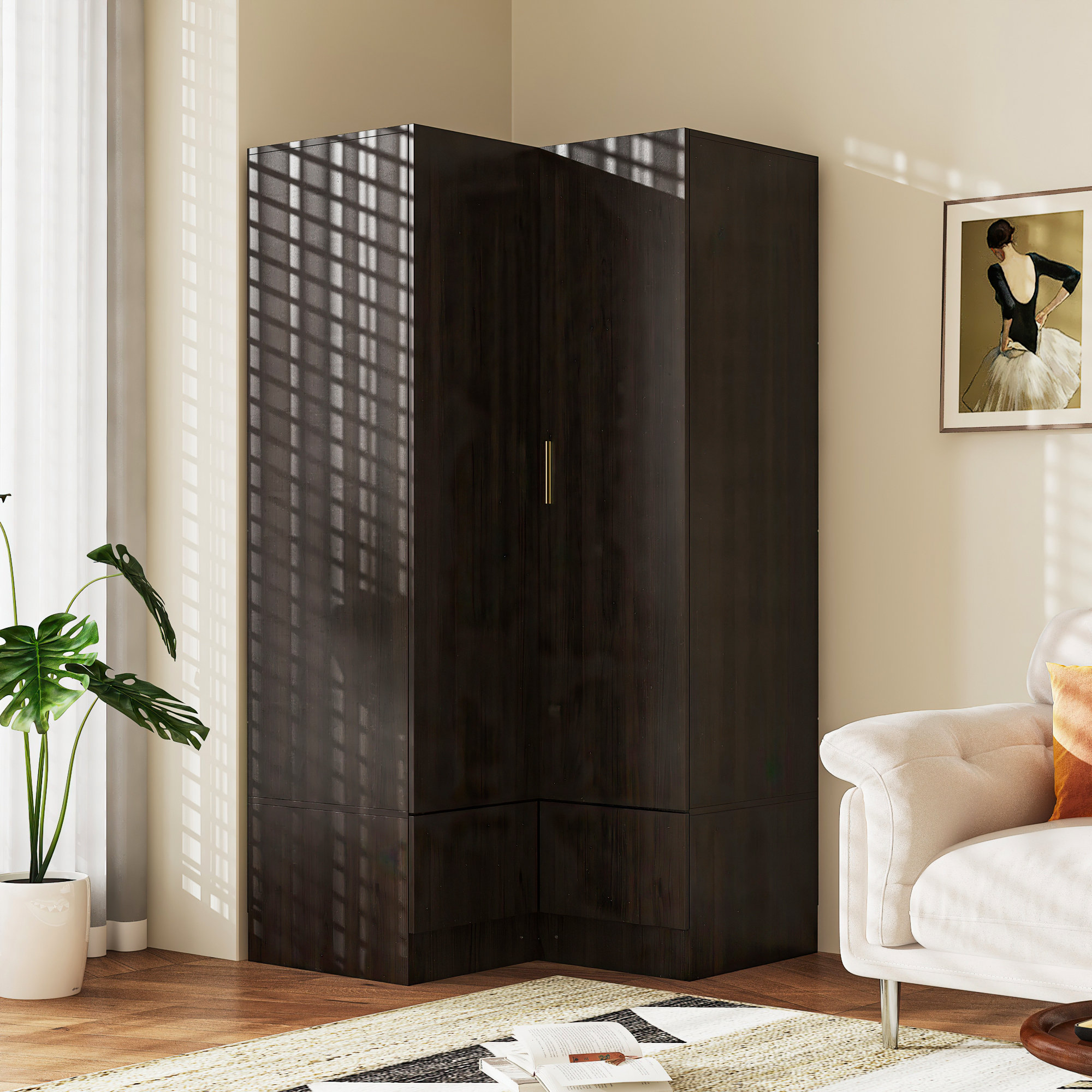 Latitude Run® Modern Corner Wardrobe With Gold Handle And Spacious ...