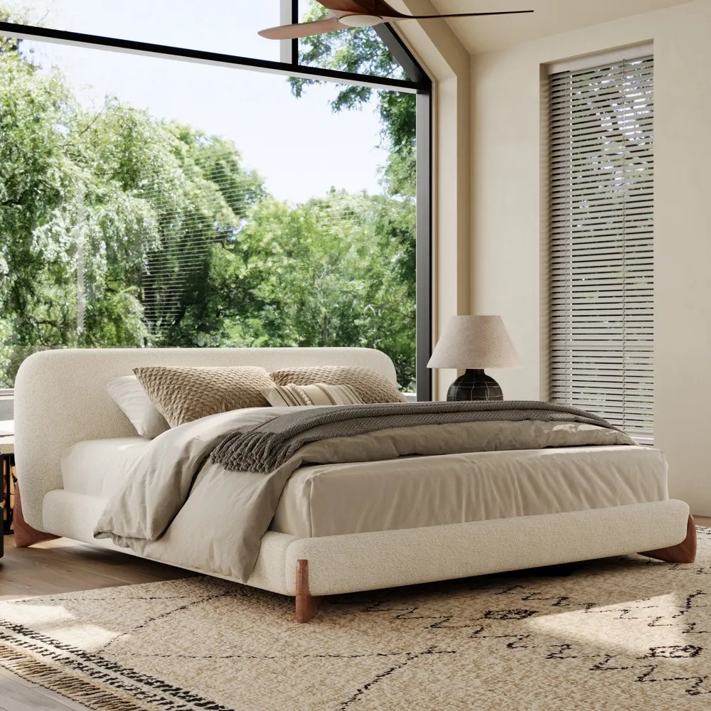 POVISON Lambra - Boucle Upholstered Bed With Wooden Legs | Wayfair