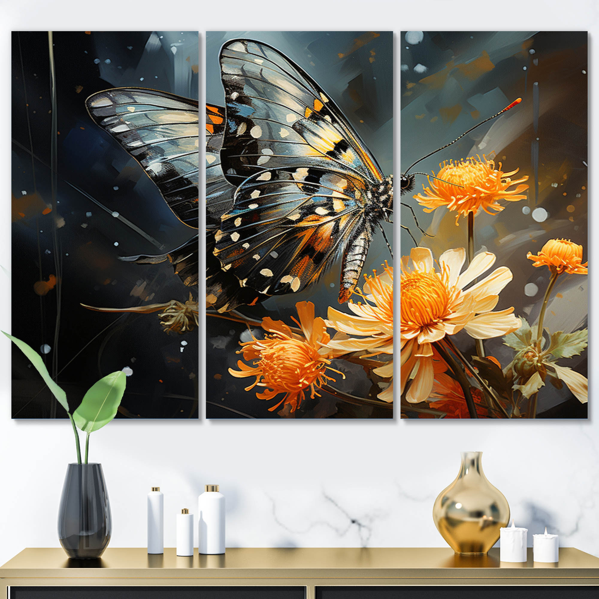 August Grove® Yellow Black Butterfly Haven On Canvas 3 Pieces Print ...