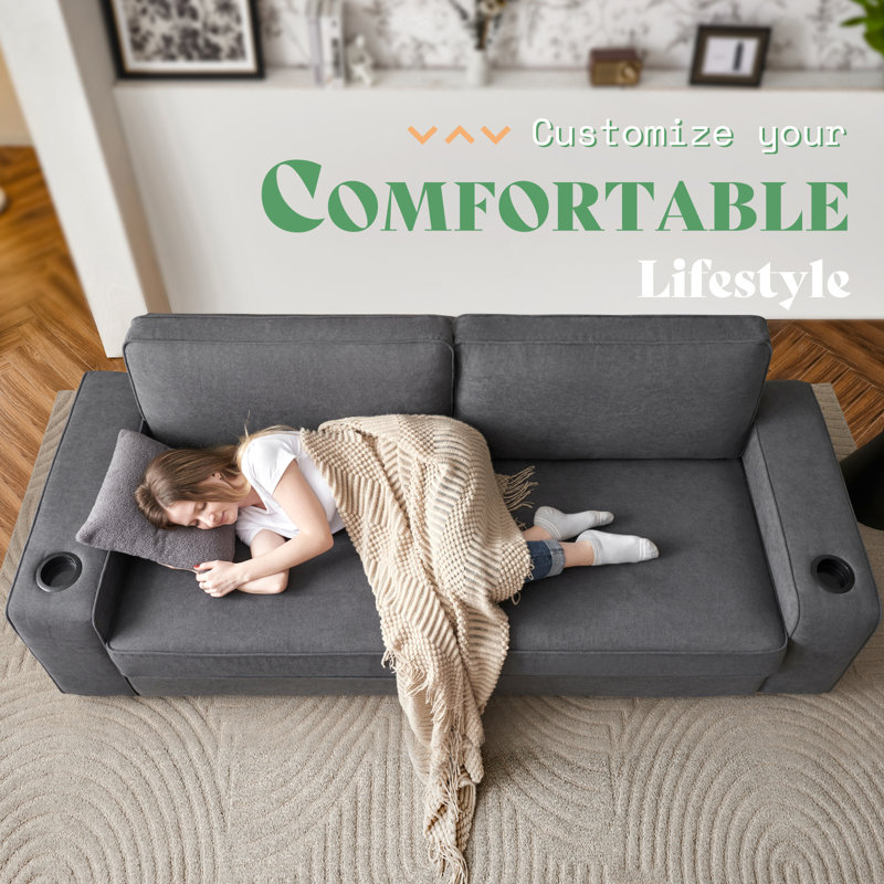 Latitude Run® Girdhari 89'’ Modern Sofa with USB Charging Ports & Cup ...