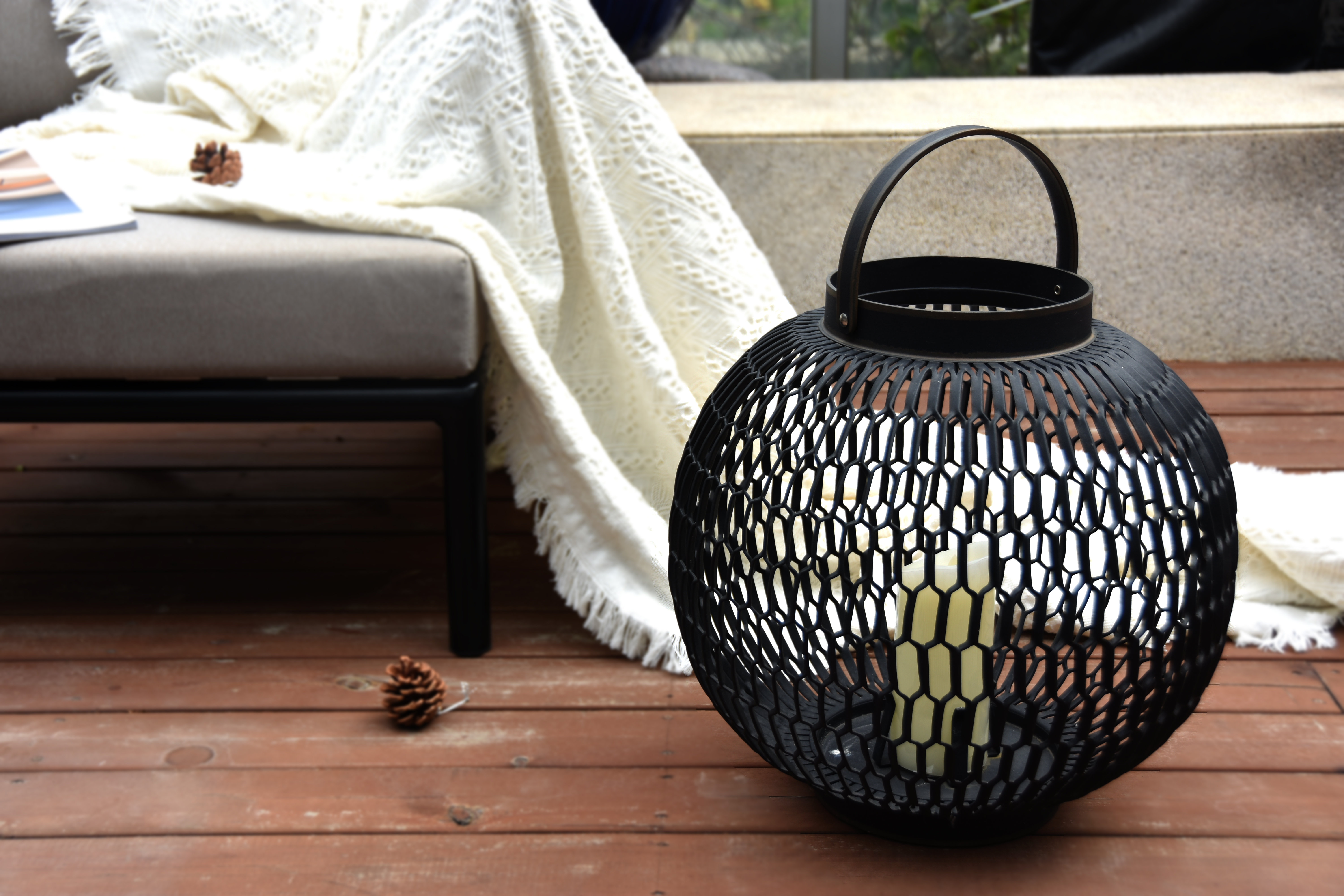 Elementi Indoor/Outdoor Lantern With Handle and Faux Candle - Round ...