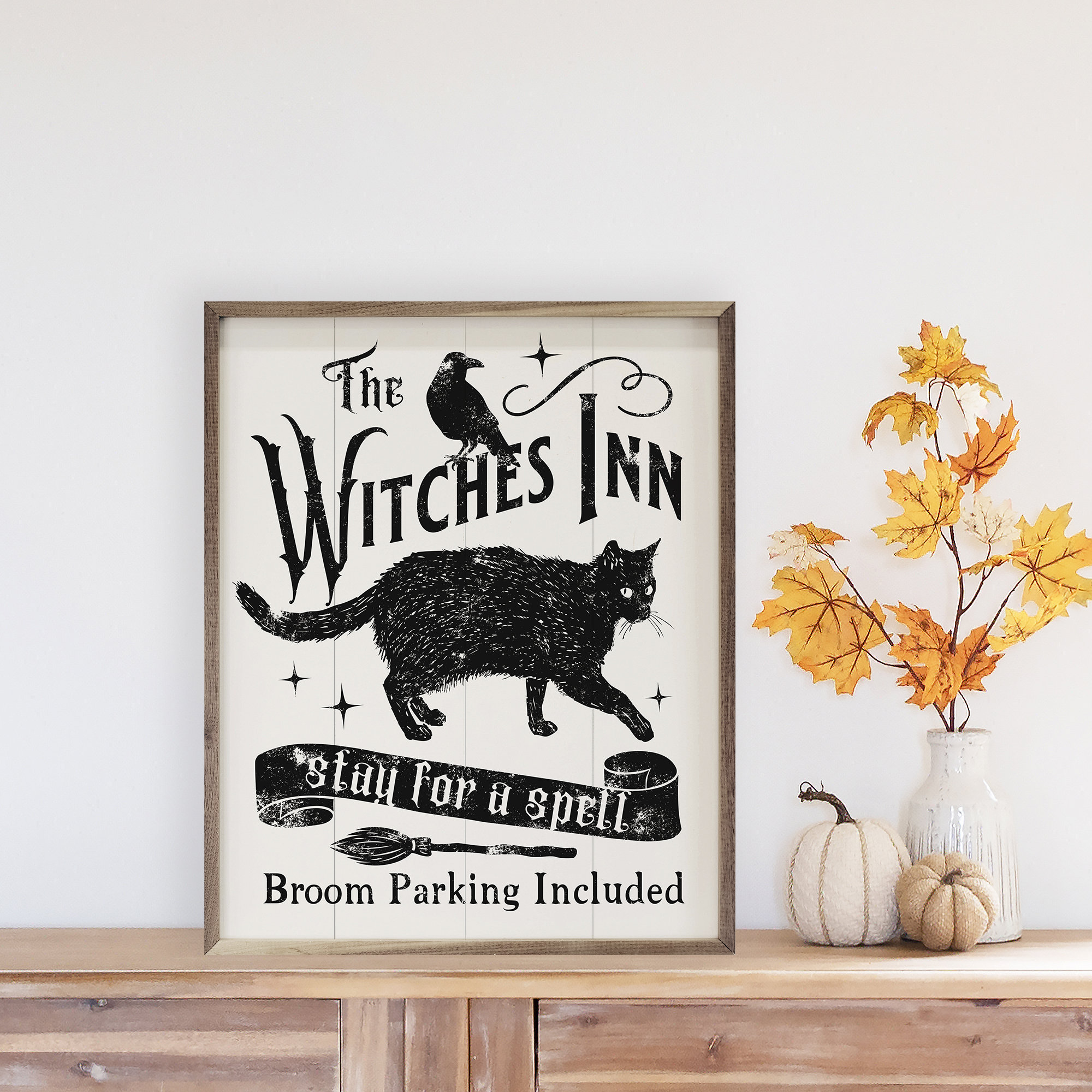 Trinx Witches Inn Stay For A Spell Cat White | Wayfair