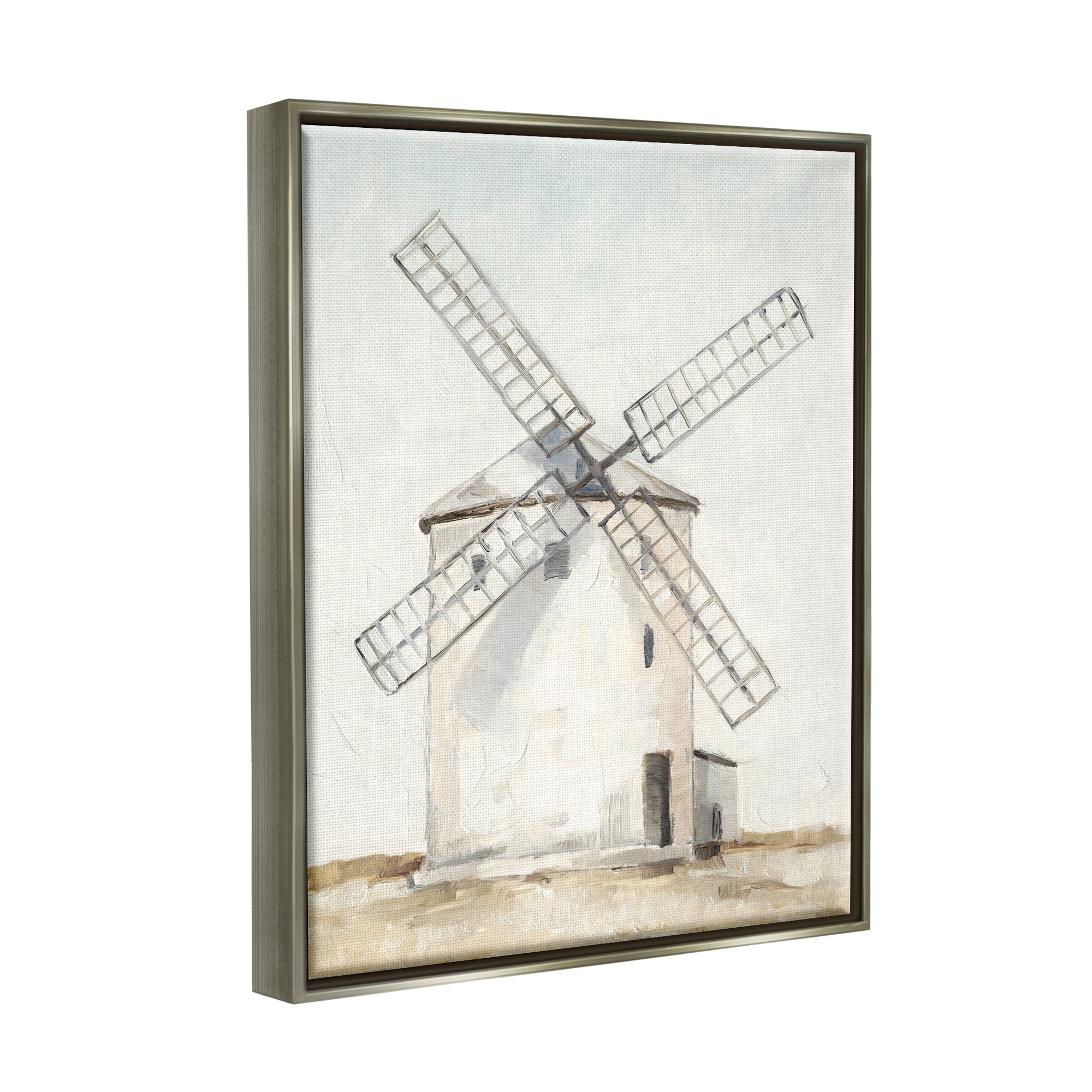 Gracie Oaks Windmill Farm Landscape Neutral Blue Brown Painting Canvas ...