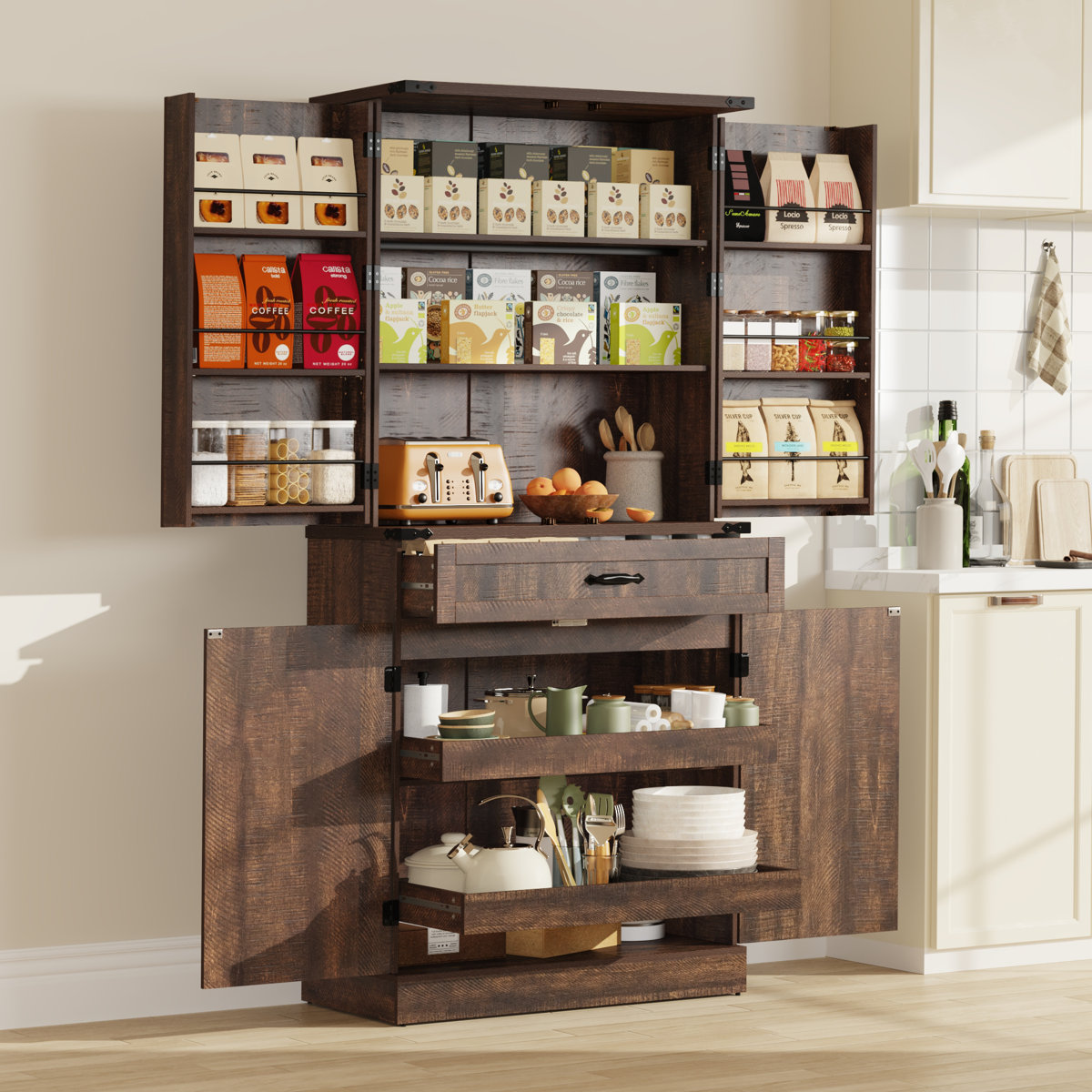 Gracie Oaks 71.3" Kitchen Pantry With 6 Door Shelves, 2 Sliding Storage ...