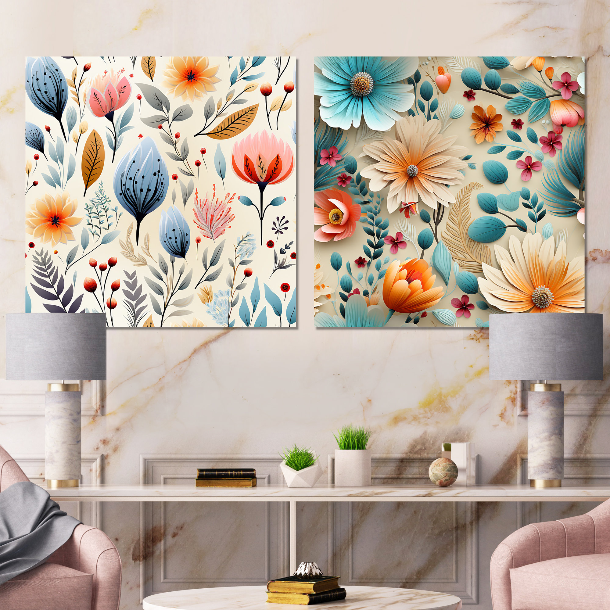 Design Art Soft Pastels Flower Accents - Abstract Collages Canvas Art ...