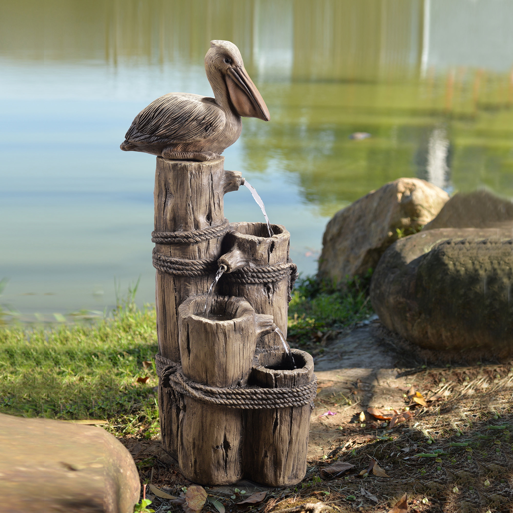 Highland Dunes Cronan 4-Tier Pelican and Post Outdoor Water Fountain ...