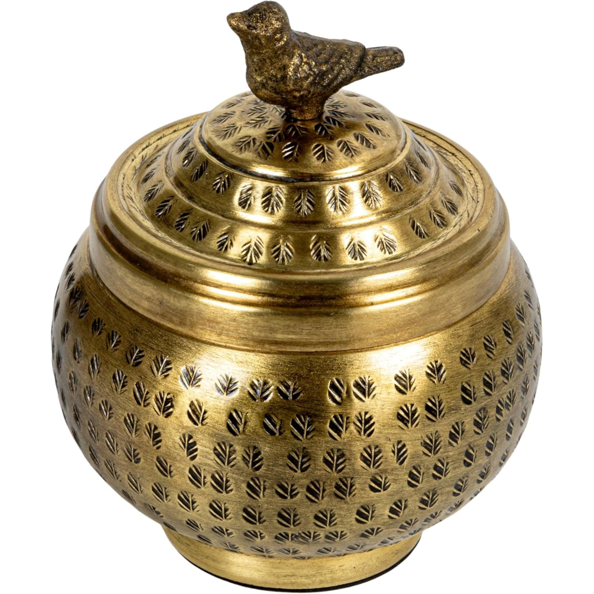 Rosdorf Park Brass Round Hammered Metal Container With Bird Finial ...