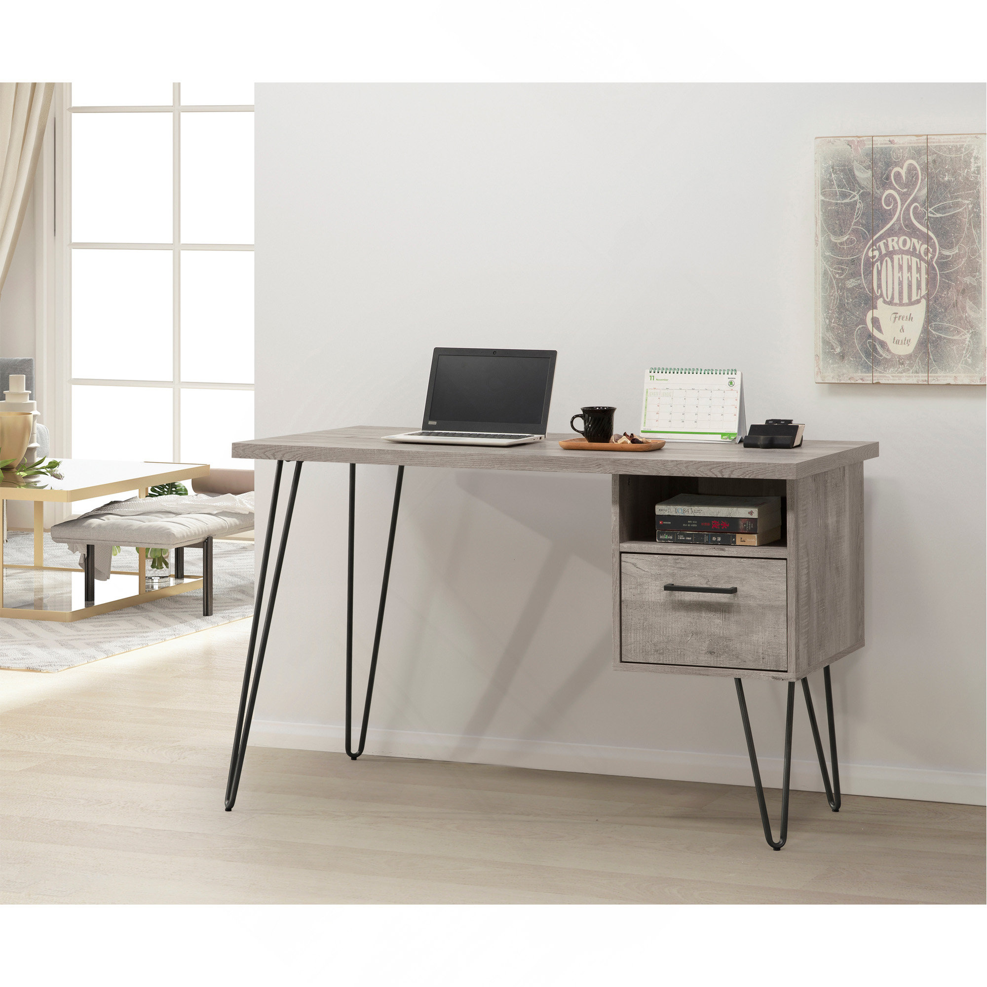 Corrigan Studio® Sophisticated Grey Oak Desk With Versatile ...