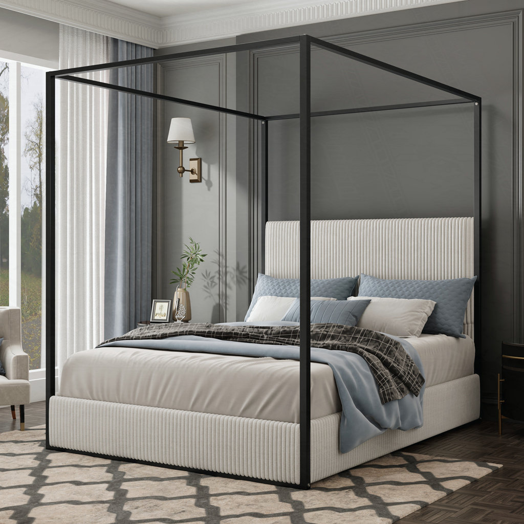 Mercer41 Metal Canopy Bed with Tall Upholstered Headboard and Gold Four ...
