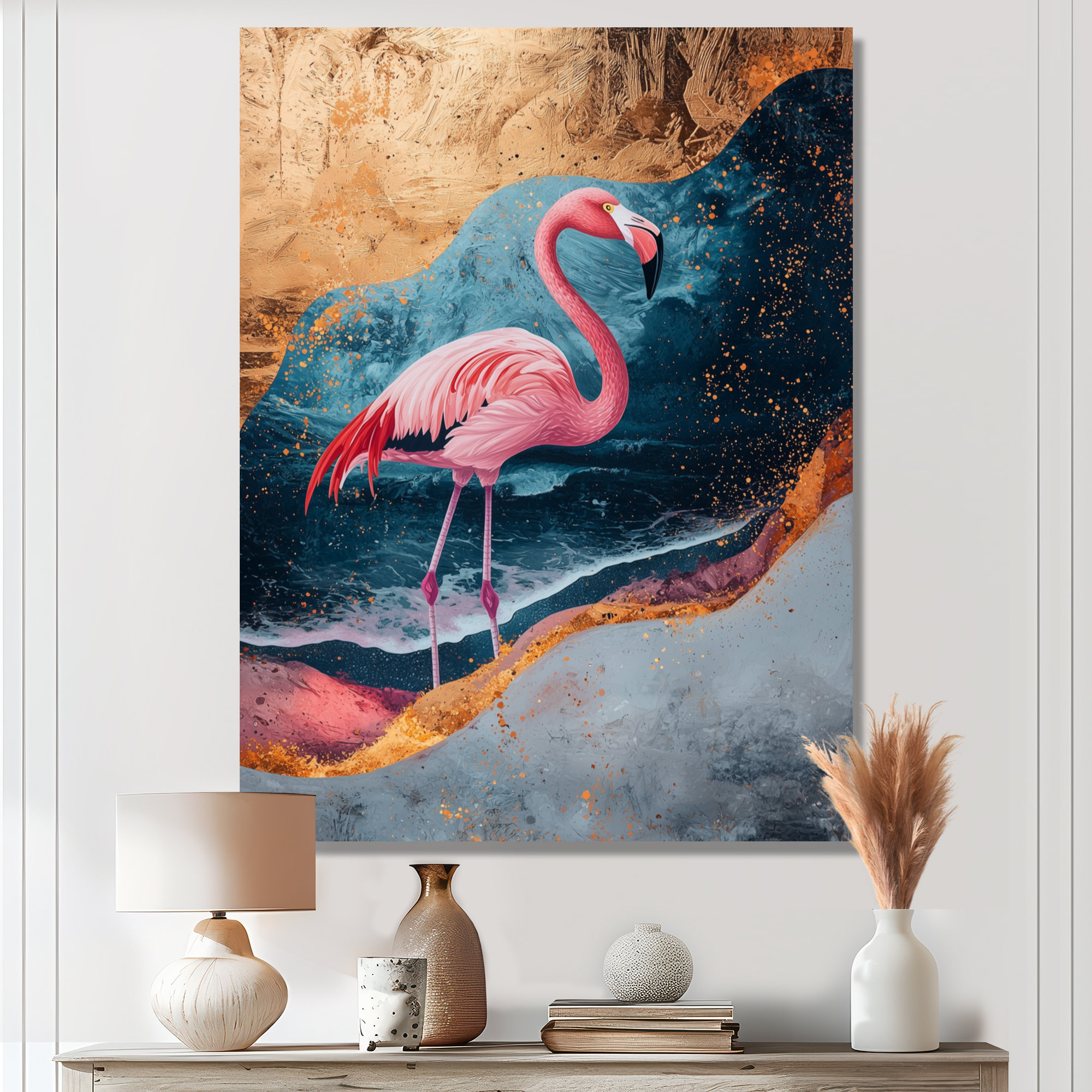 Ivy Bronx Gold Pink Flamingo On Bold Beach Landscape III - Flamingo ...
