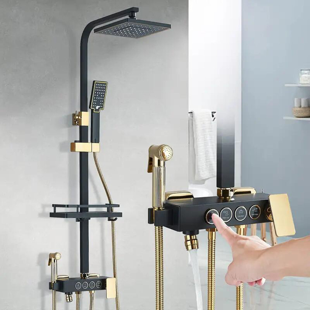 Senlesen Black&Gold Shower Faucet Set 8in Rainfall Shower Head Exposed ...