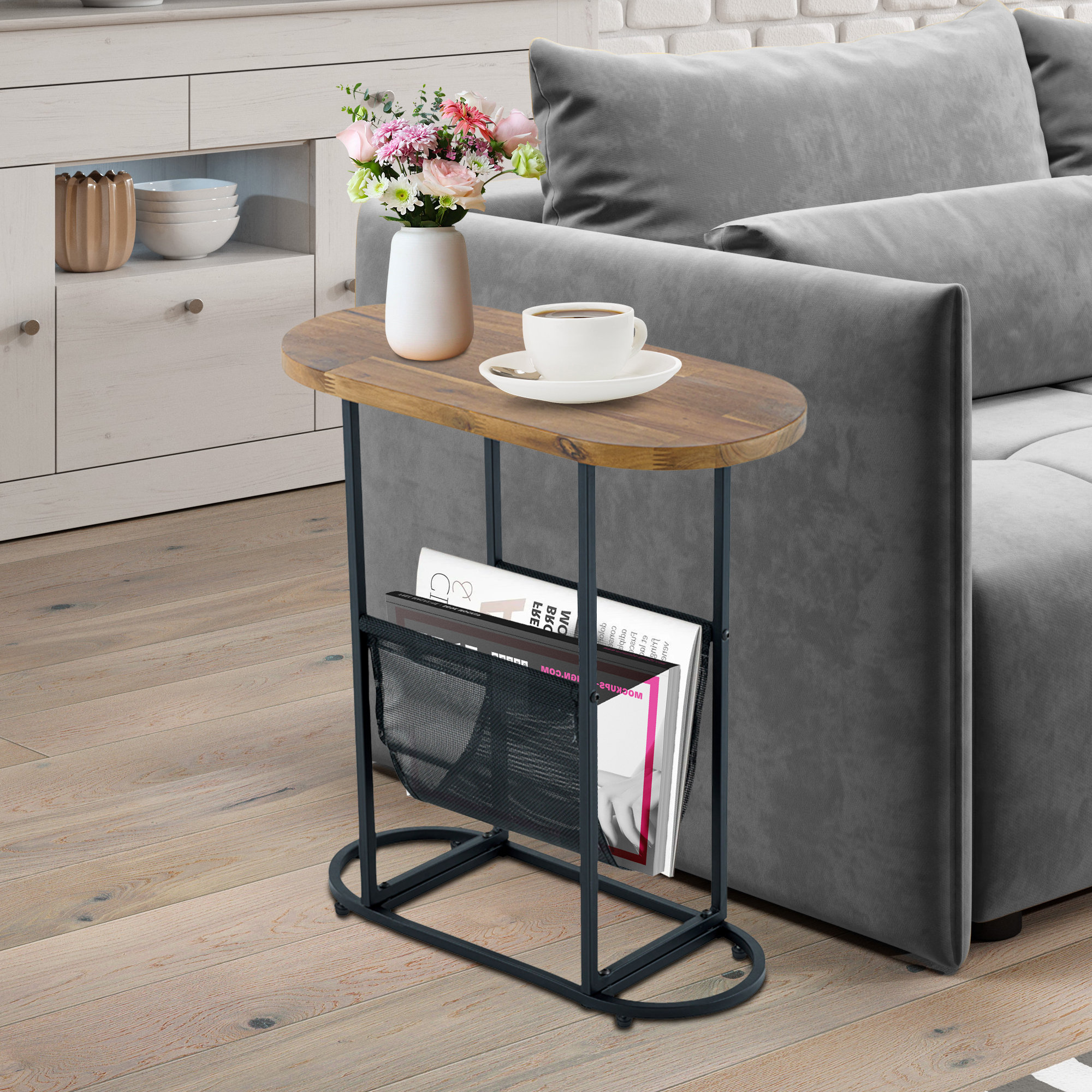 Ebern Designs Acacia Wood Oval Side Table With Magazine Organizer ...