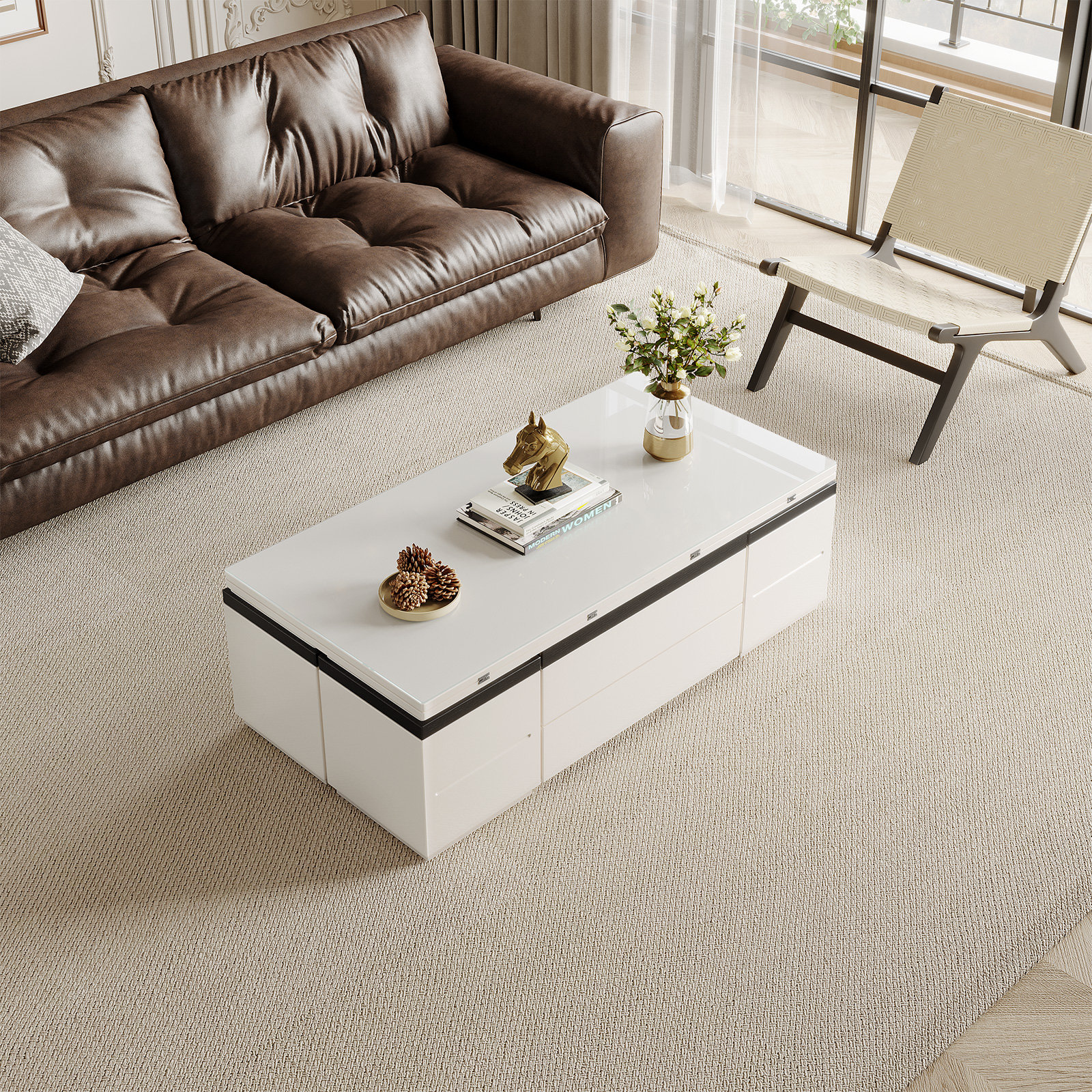 Guyii Extendable Coffee Table with 4 Storage Stools, Multifunctional ...