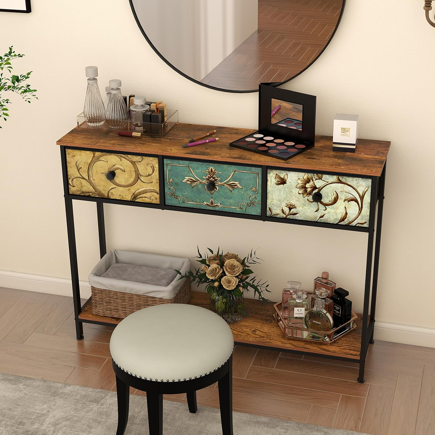 Bungalow Rose Boho Entryway Console Table With 3 Retro Floral Fabric ...