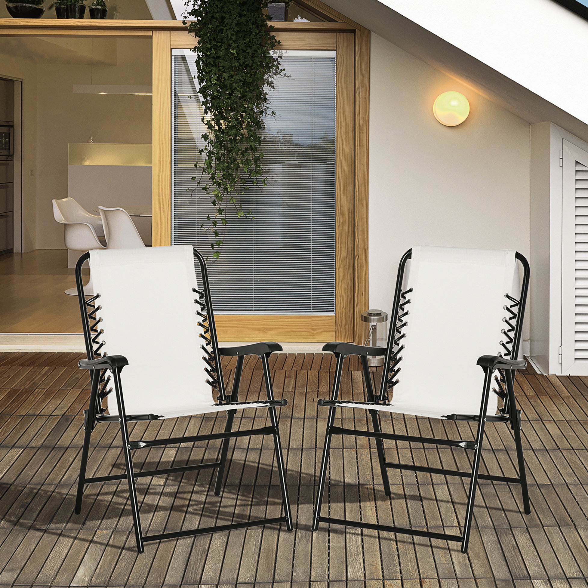 Arlmont & Co. Pair Of Patio Folding Chairs & Outdoor Wooden Bench ...