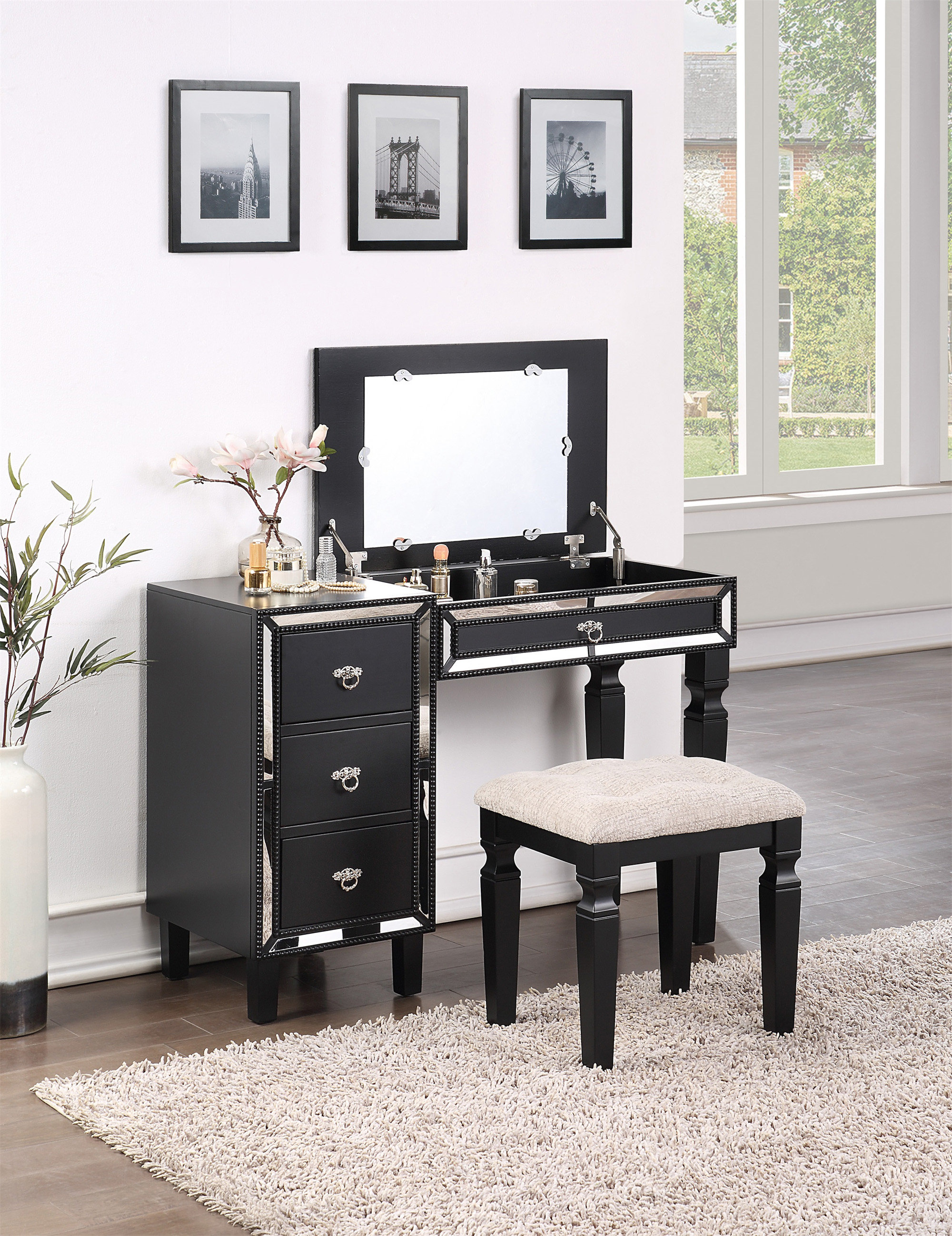 Canora Grey Traditional Formal Vanity Set W Stool Storage Drawers 1Pc ...