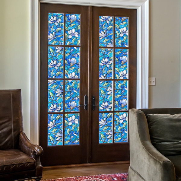 Winston Porter Blue Flower Pattern Translucent Glass Window Sticker ...