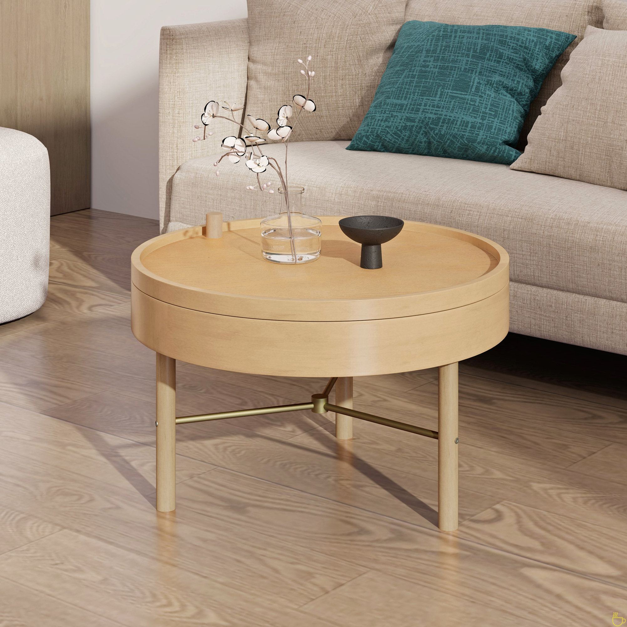 Mercer41 Round Wood Rotating Tray Coffee Table With Storage & Metal ...