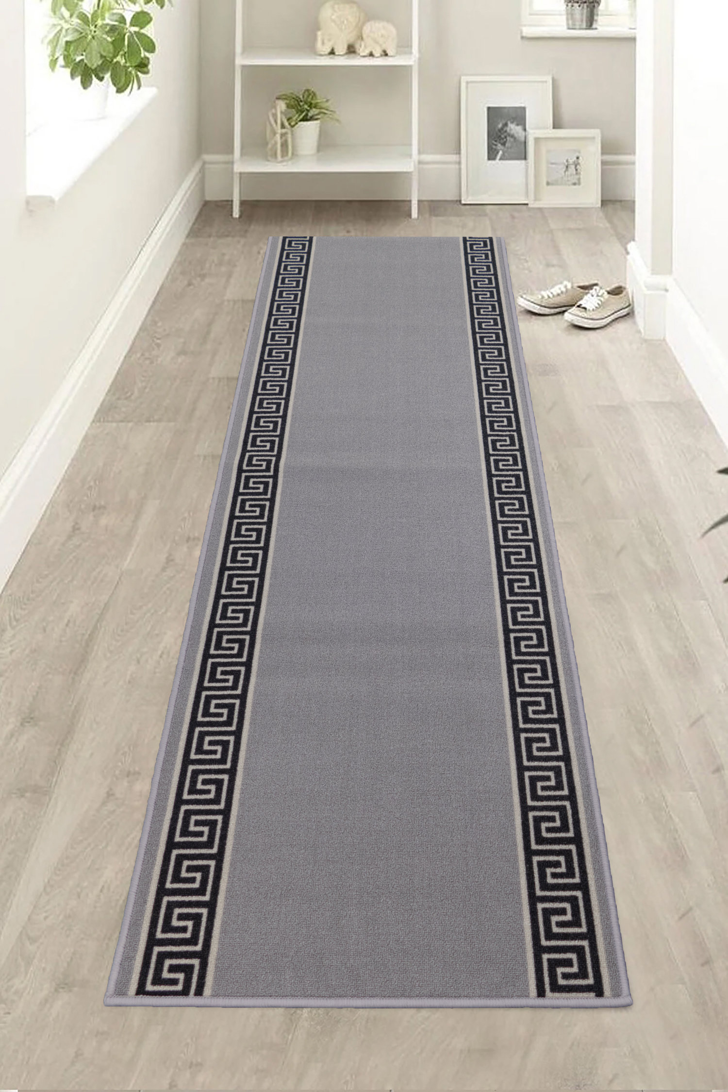 World Menagerie Greek Key Border Grey Low Pile Slip Resistant Rugs ...
