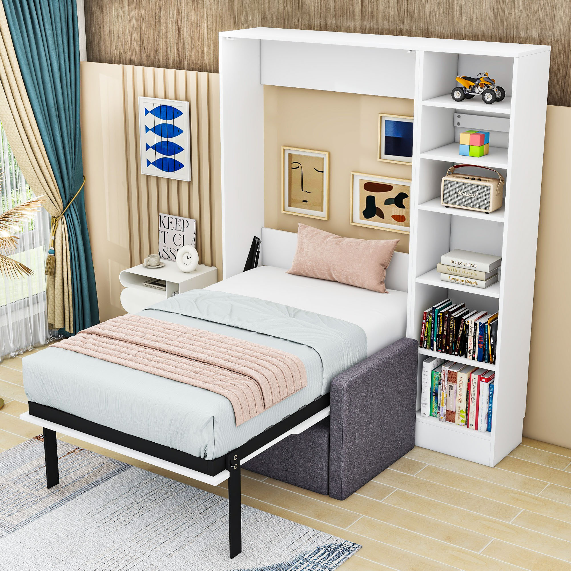 Lark Manor Murphy Bed with Floor-Level Storage Cubbies and Convertible ...