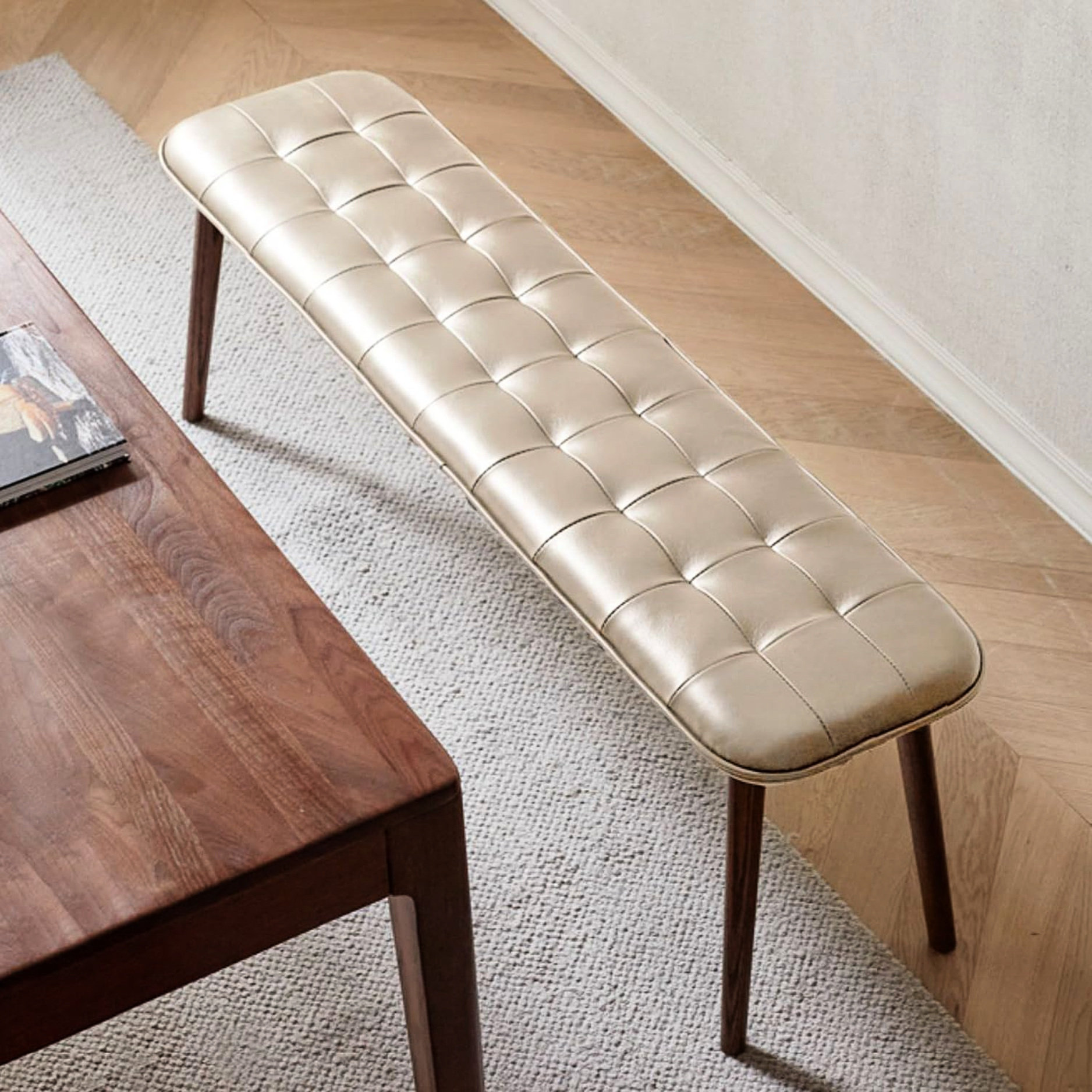 Latitude Run® Natural Oak Wood Bench With Khaki Leather Filler ...