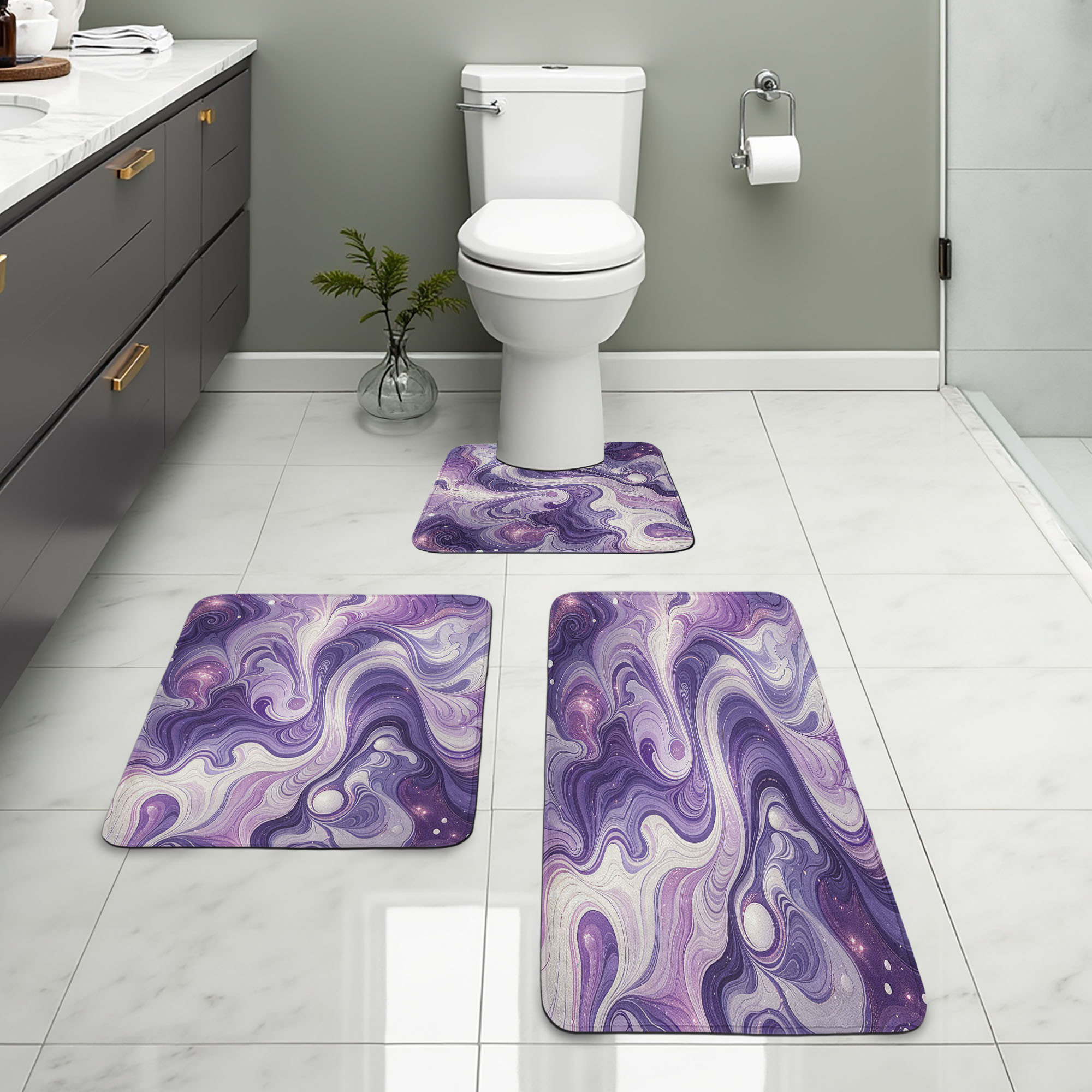 Ivy Bronx Purple Bathroom Rug Set 3 Pieces U-Shape & Rectangle Mats ...