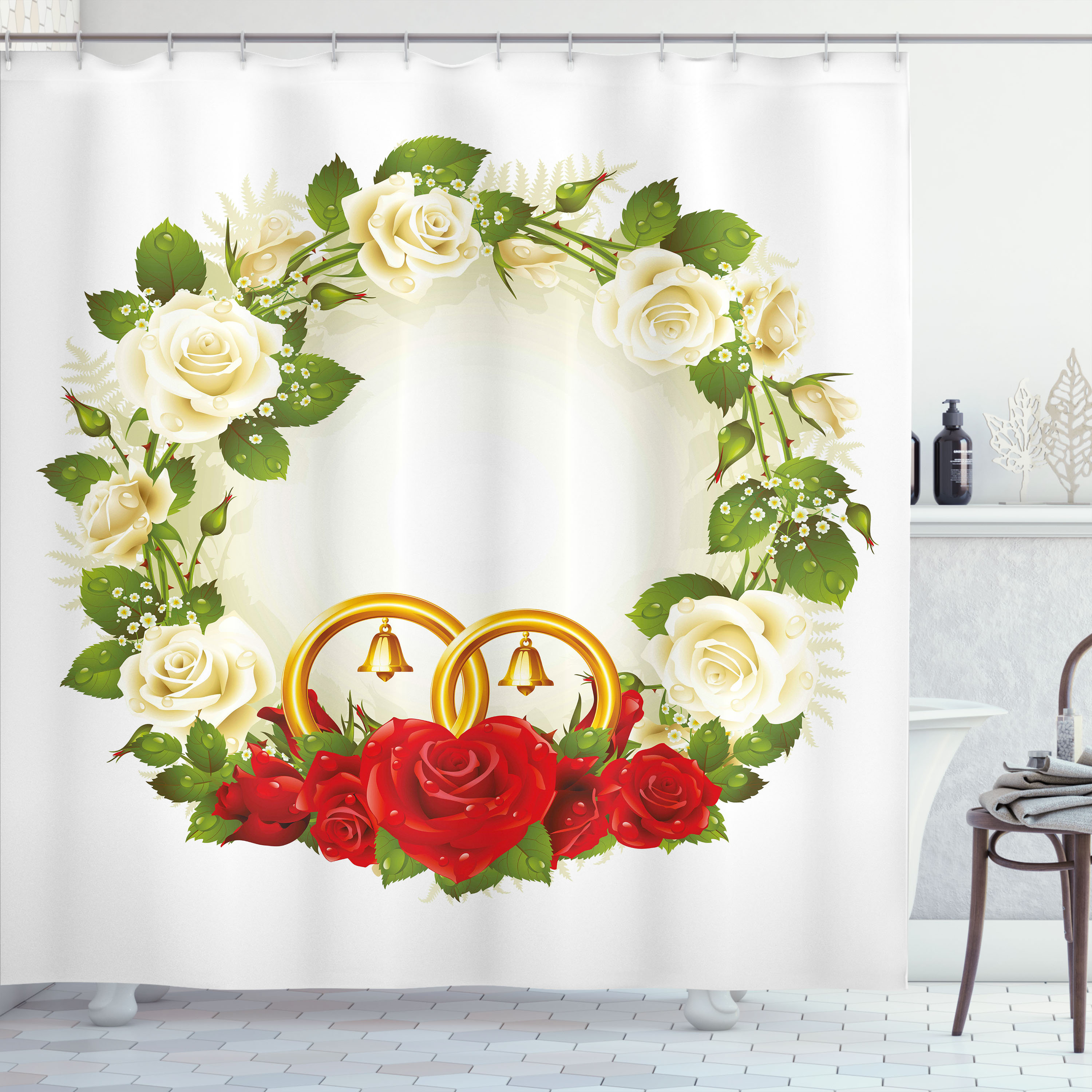 East Urban Home Romance Shower Curtain Roses Wedding Rings White Green ...