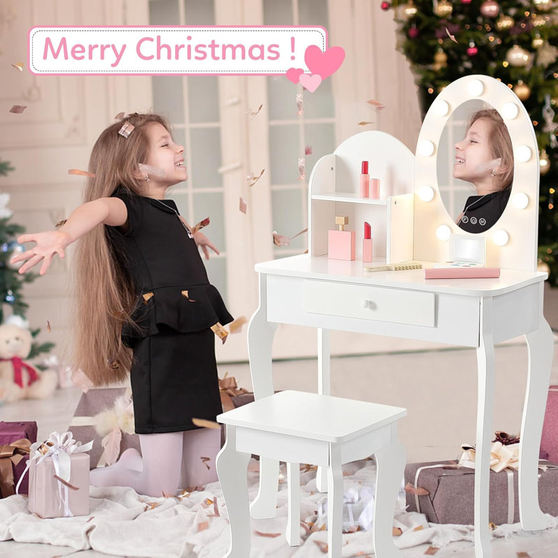 Harriet Bee Kids' Vanity Table with Lighted Mirror & Stool, Wooden ...