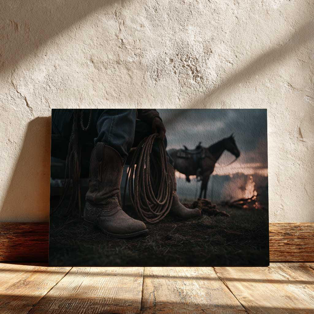 Trinx Rustic Cowboy Boots Wall Art - Western Ranch Campfire Scene | Wayfair