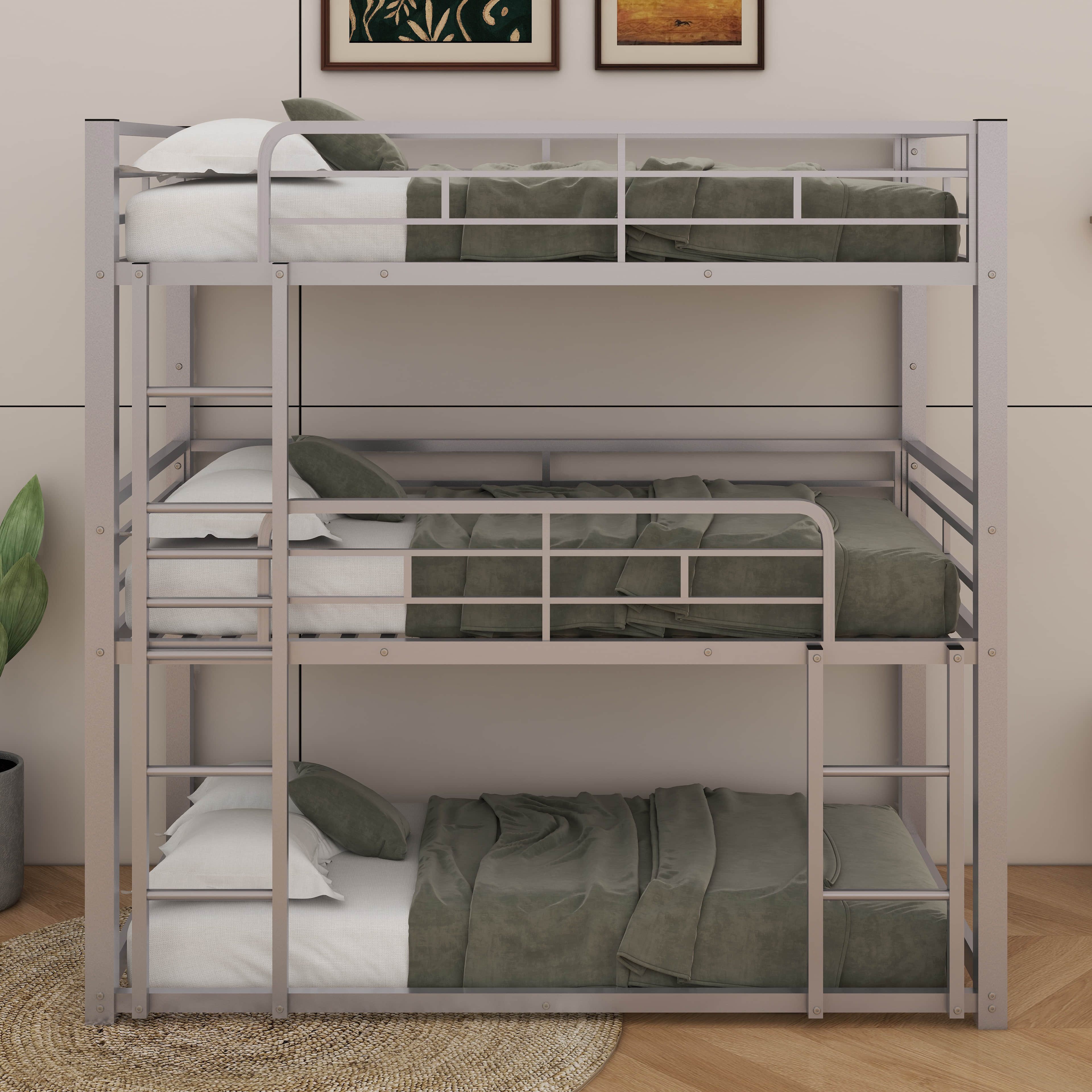 Latitude Run® Twin Size Triple Bunk Beds With Long And Short Ladders ...