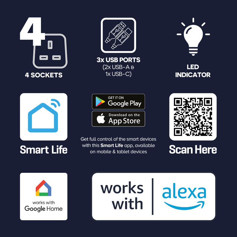 Daewoo Wifi Smart 4 Socket Extension Lead Smart Plug | Wayfair.co.uk