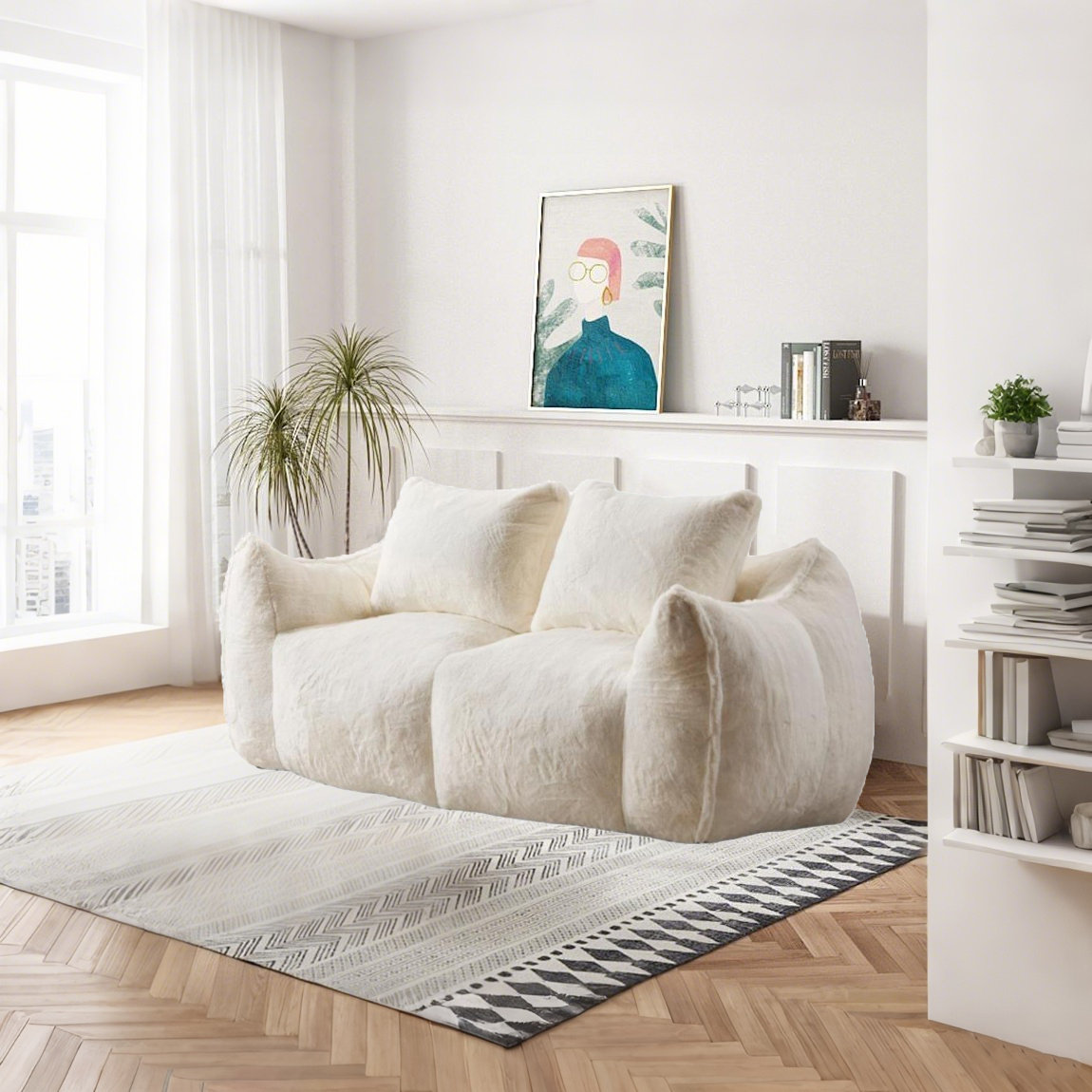 Orren Ellis Giant Bean Bag Sofa Couch,Ultra Soft Fluffy Faux Rabbit Fur Loveseat, Oversized ...